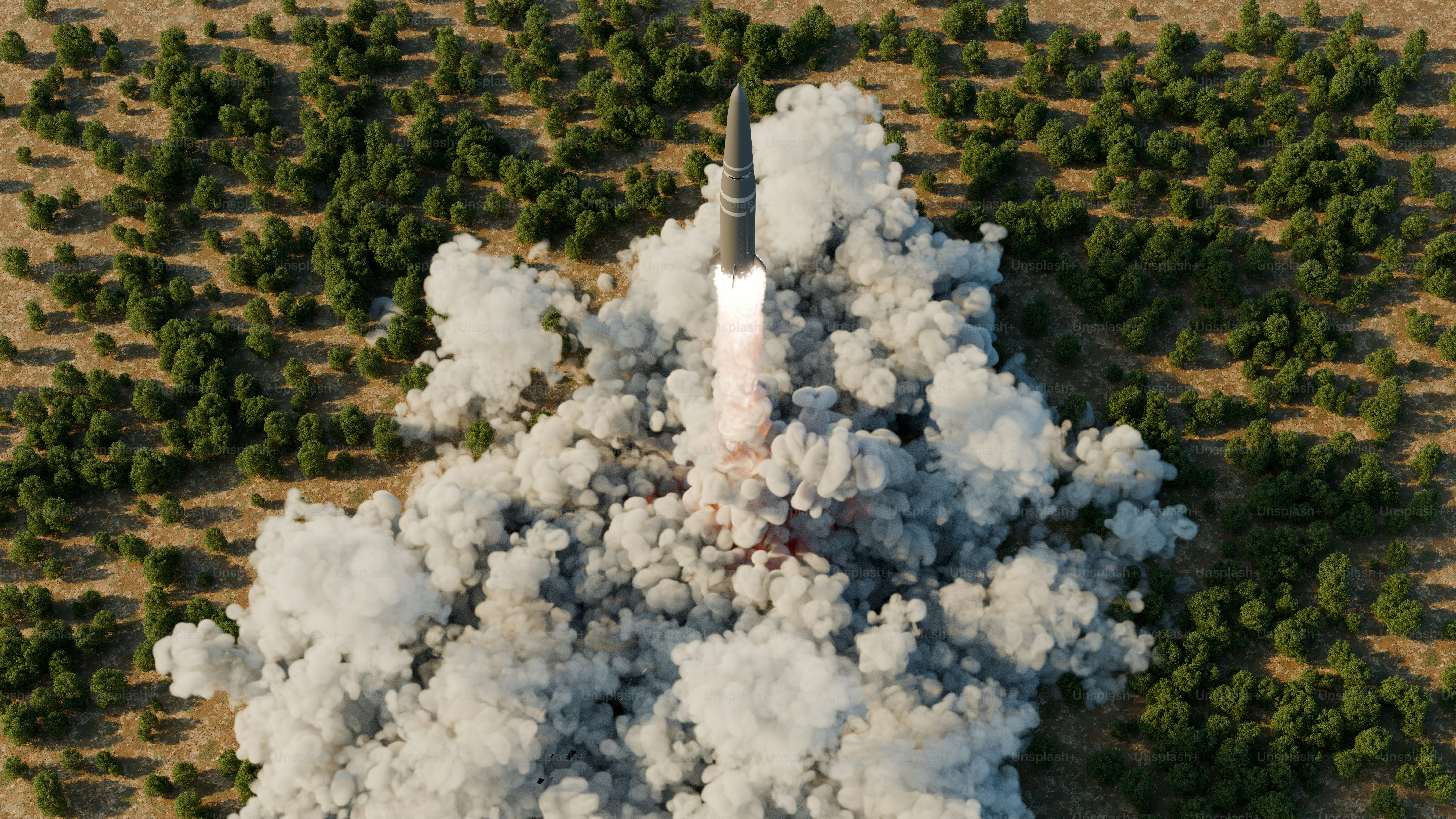 An aerial view of a rocket launching into the sky photo – 3d render ...