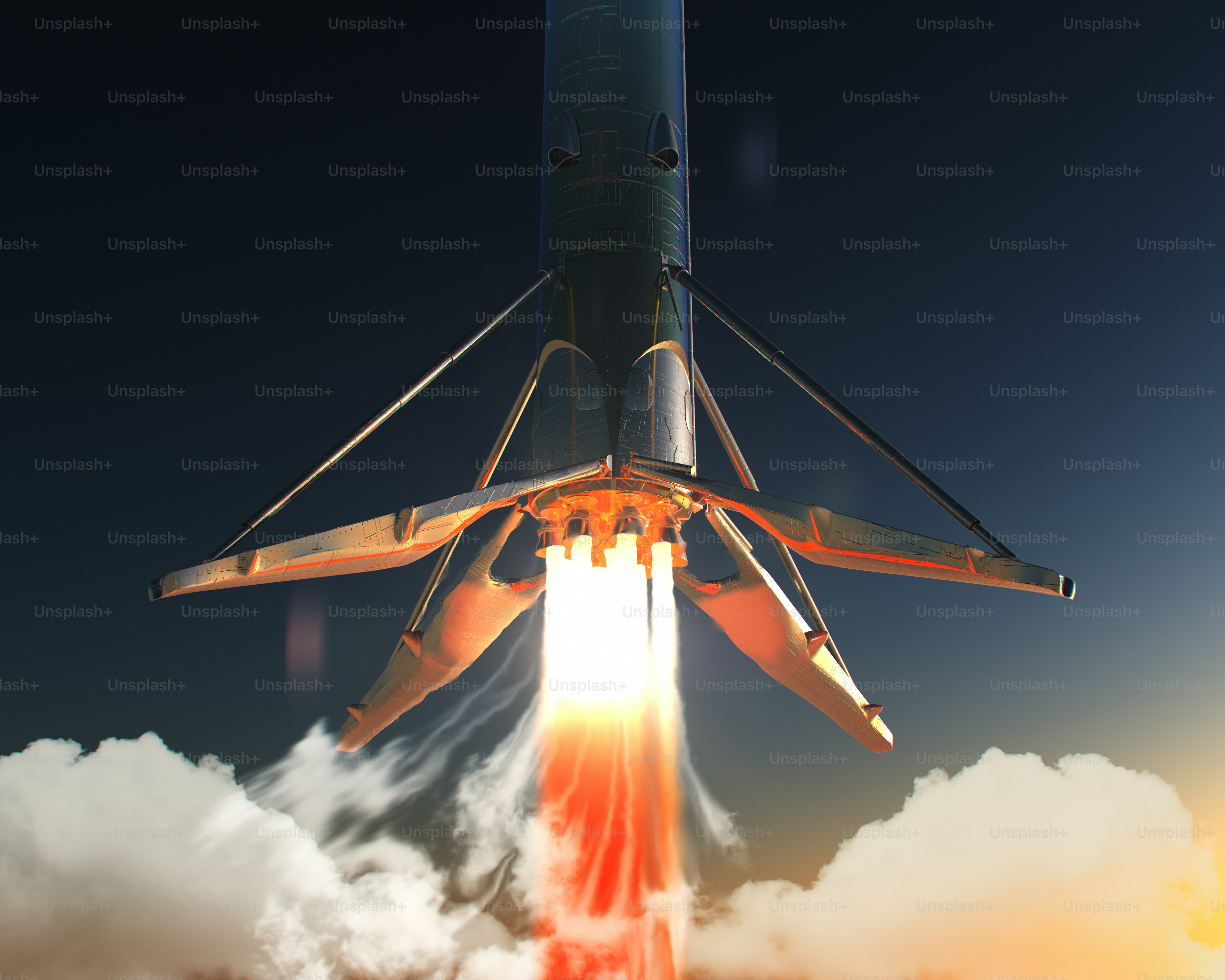 A red and white rocket taking off into the sky photo – 3d render Image ...