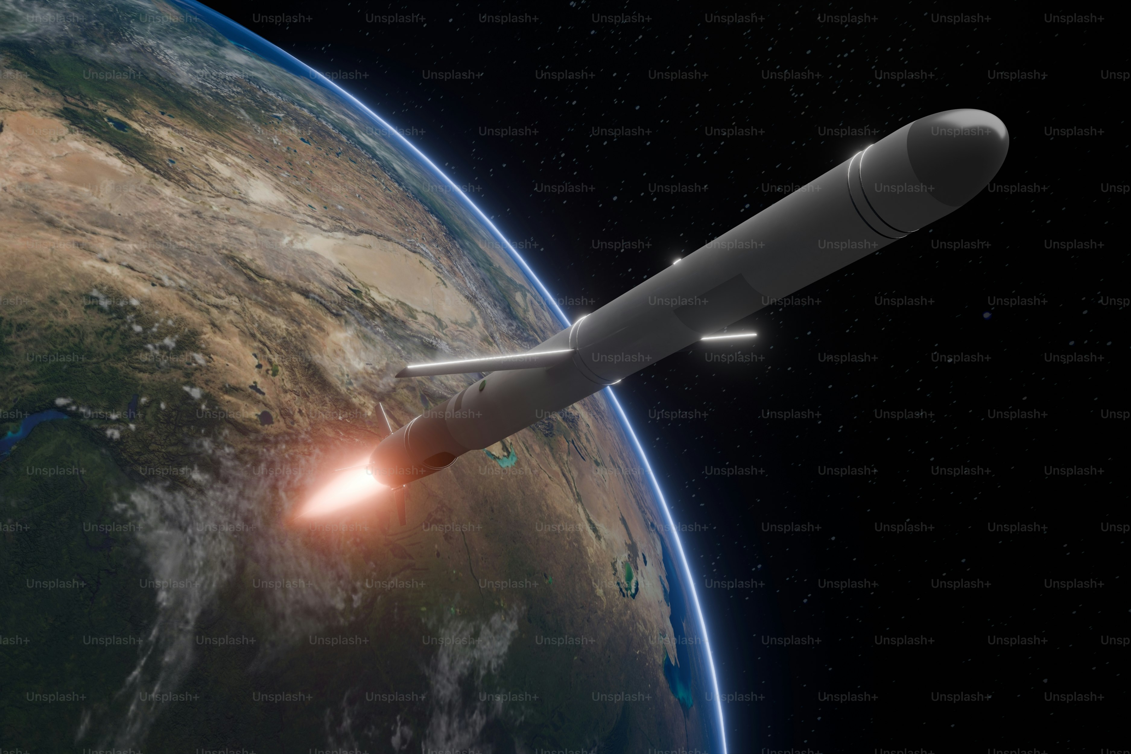 An artist's rendering of a space shuttle flying over the earth photo ...