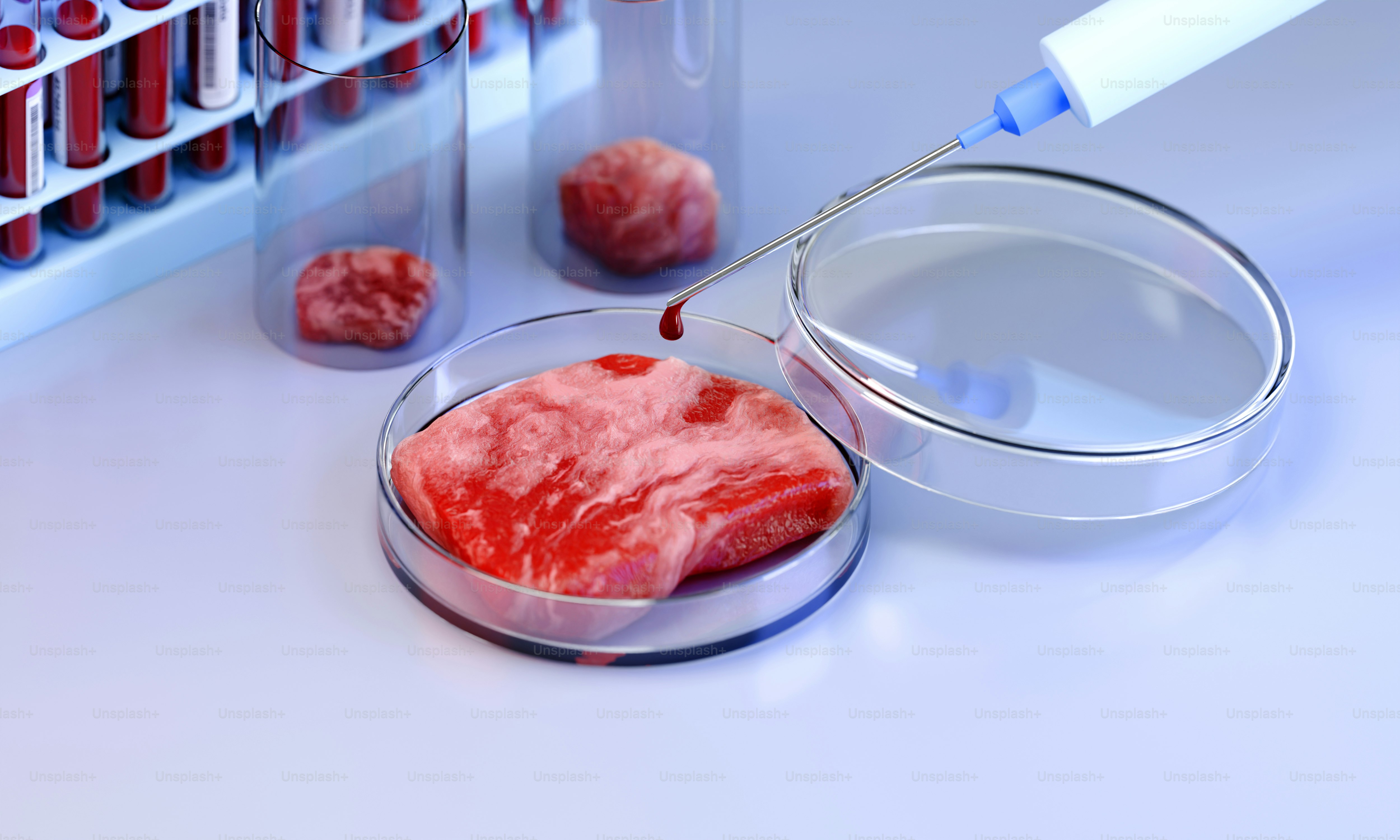 A plate of meat next to a container of blood photo – 3d render Image on ...