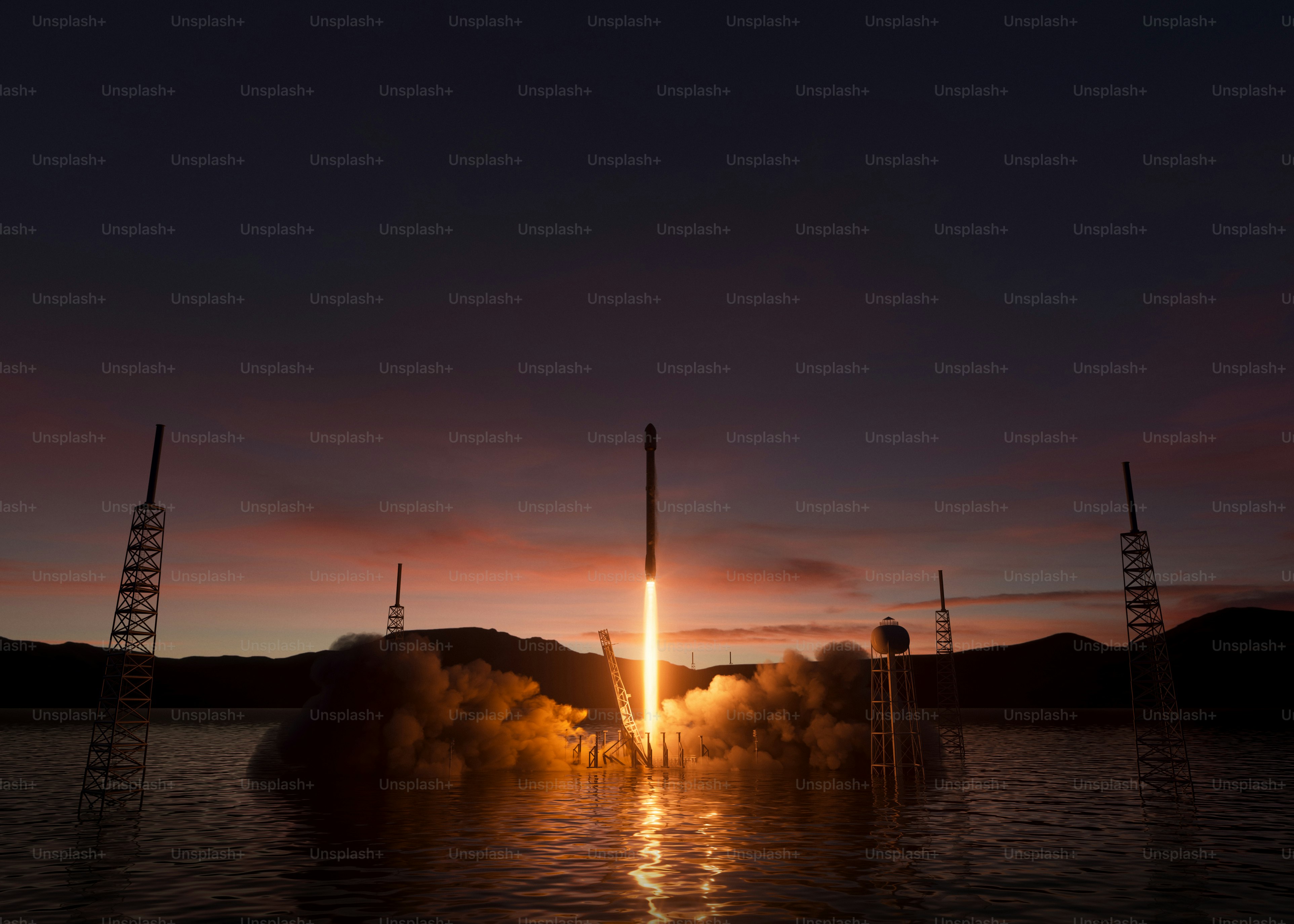 Un razzo che si lancia nel cielo con un tramonto sullo sfondo foto ...