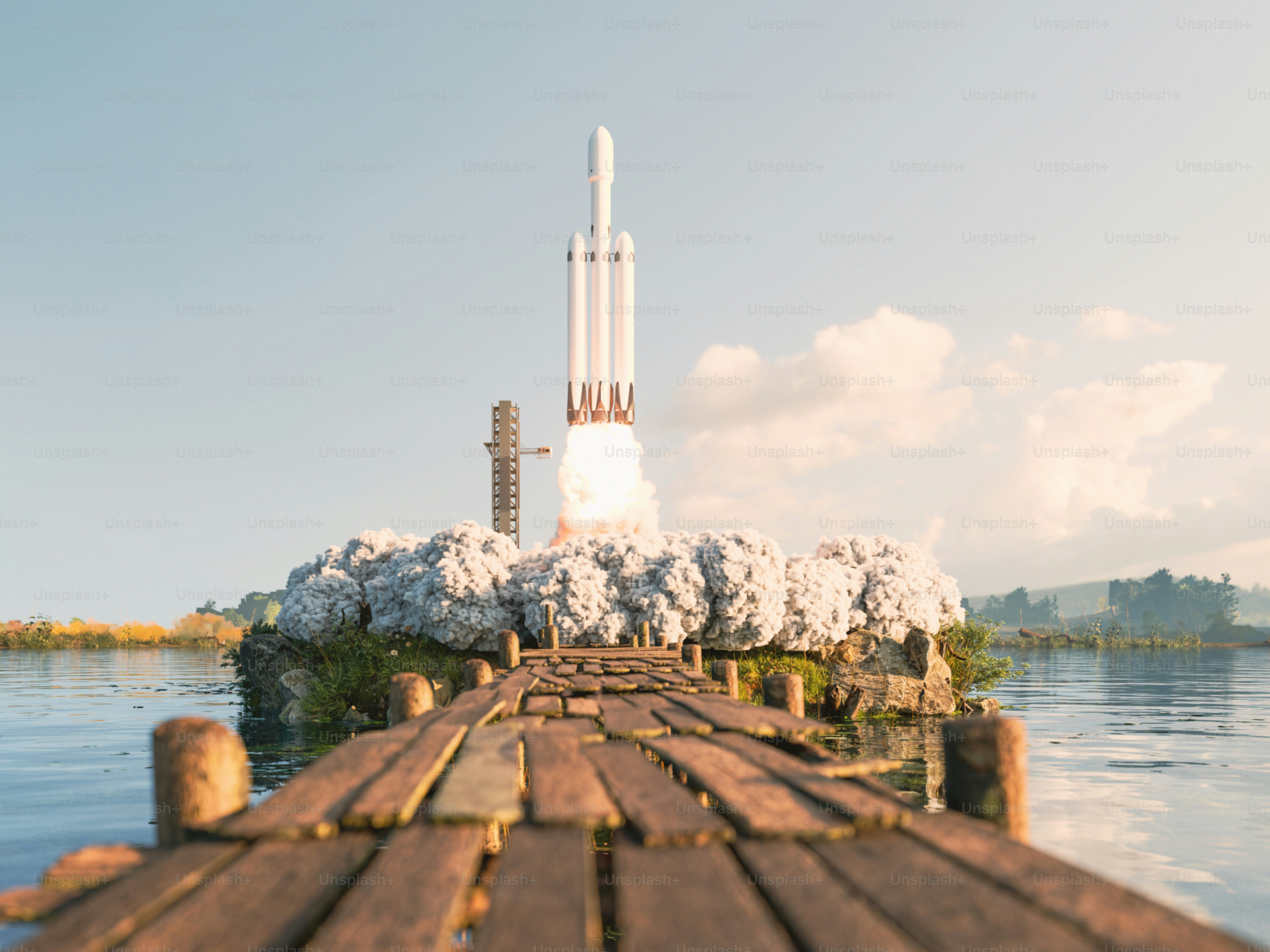 A wooden dock with a rocket on top of it photo – 3d render Image on ...