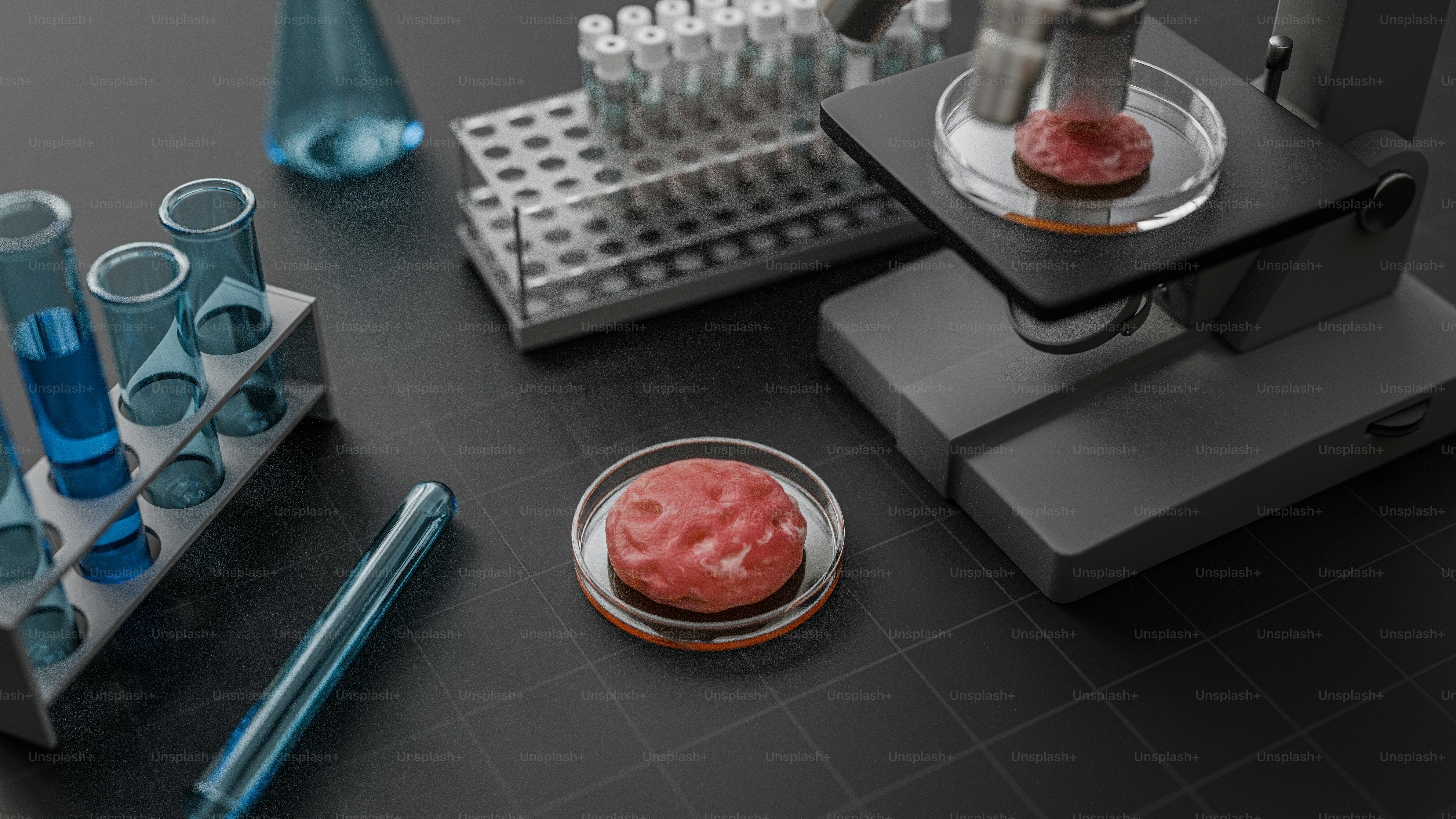 A table topped with laboratory equipment and a red object photo ...