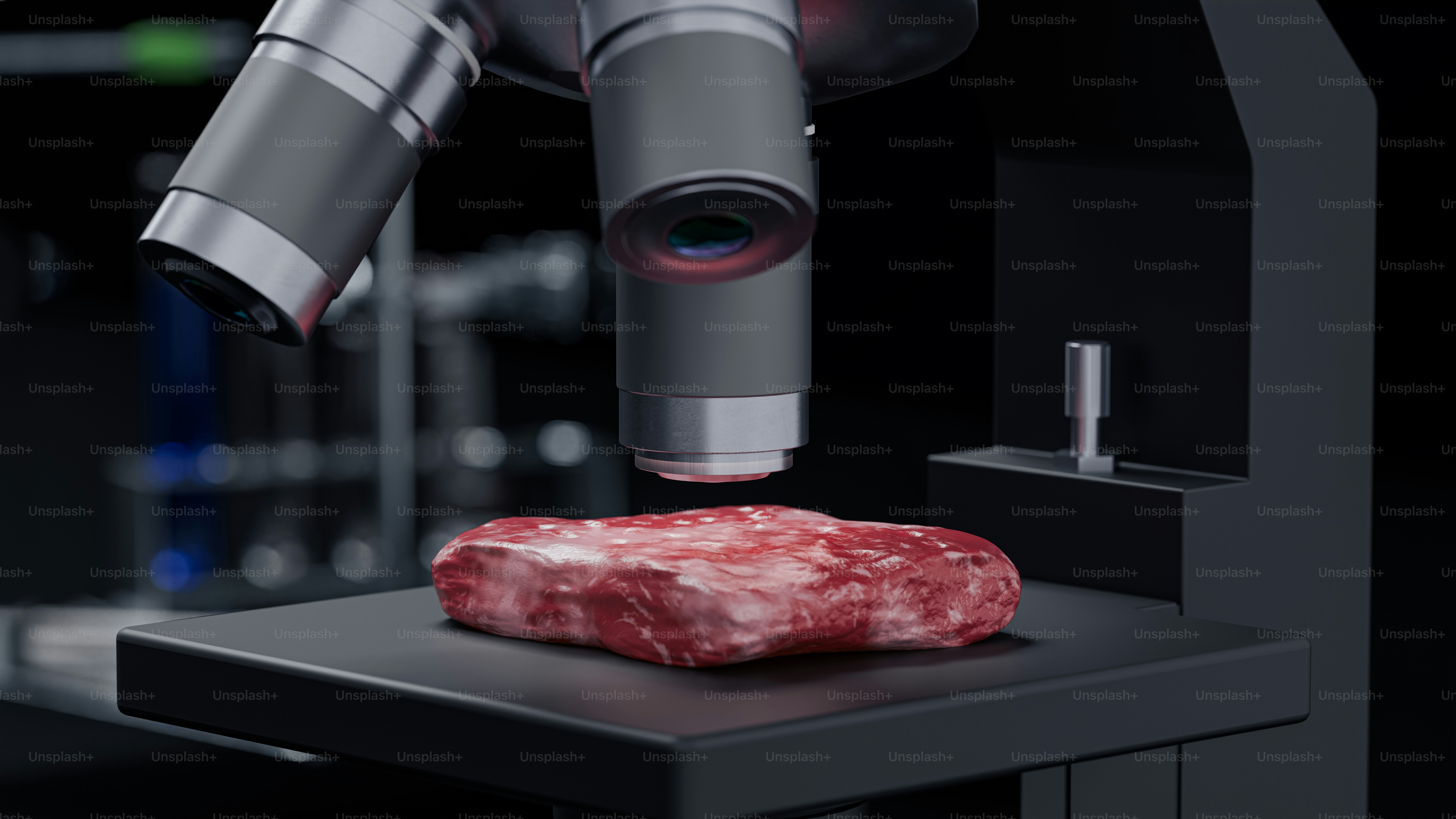 A piece of meat being processed by a microscope photo – 3d render Image ...