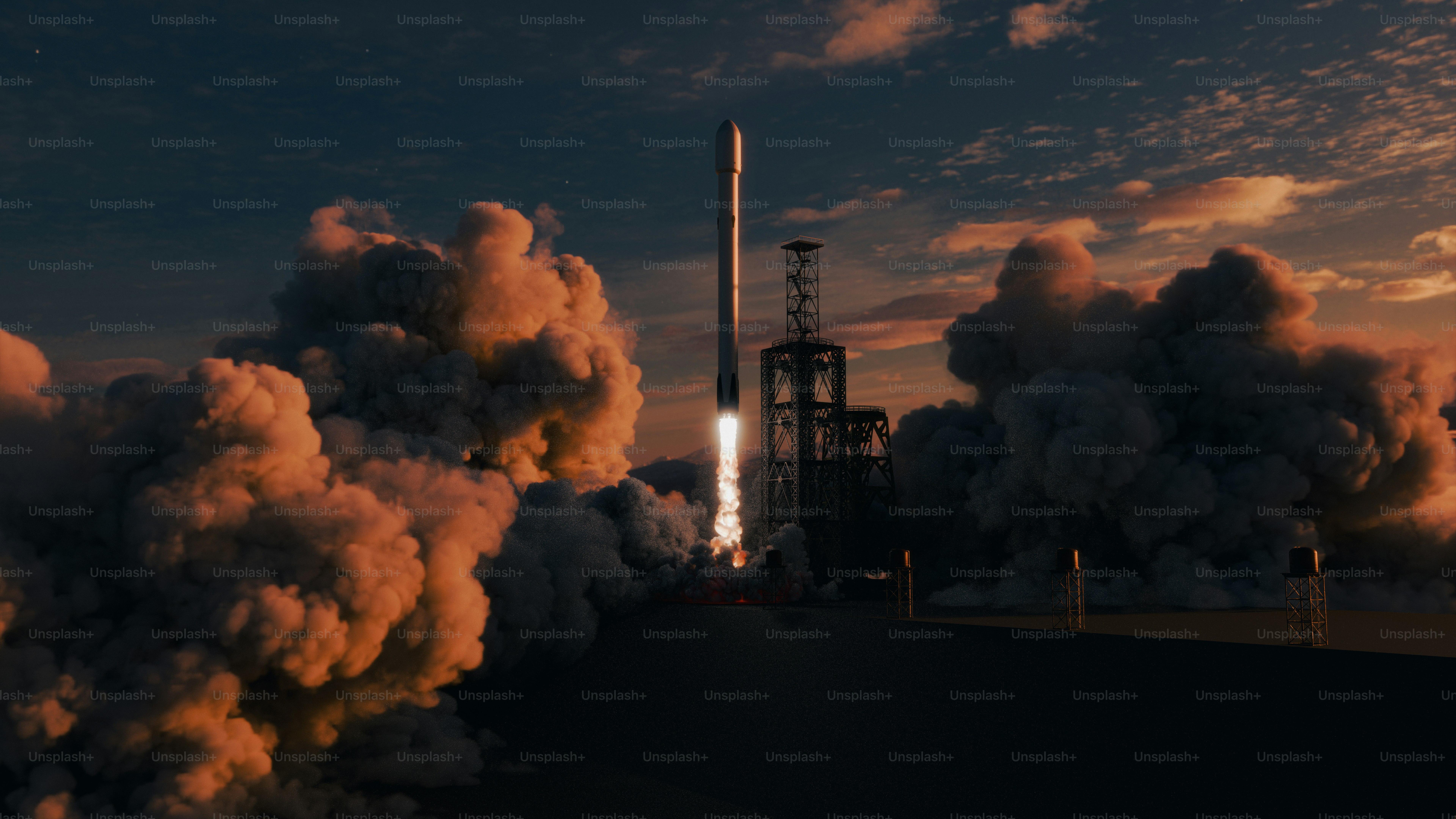 Smoke billows from a factory as the sun sets photo – 3d render Image on ...