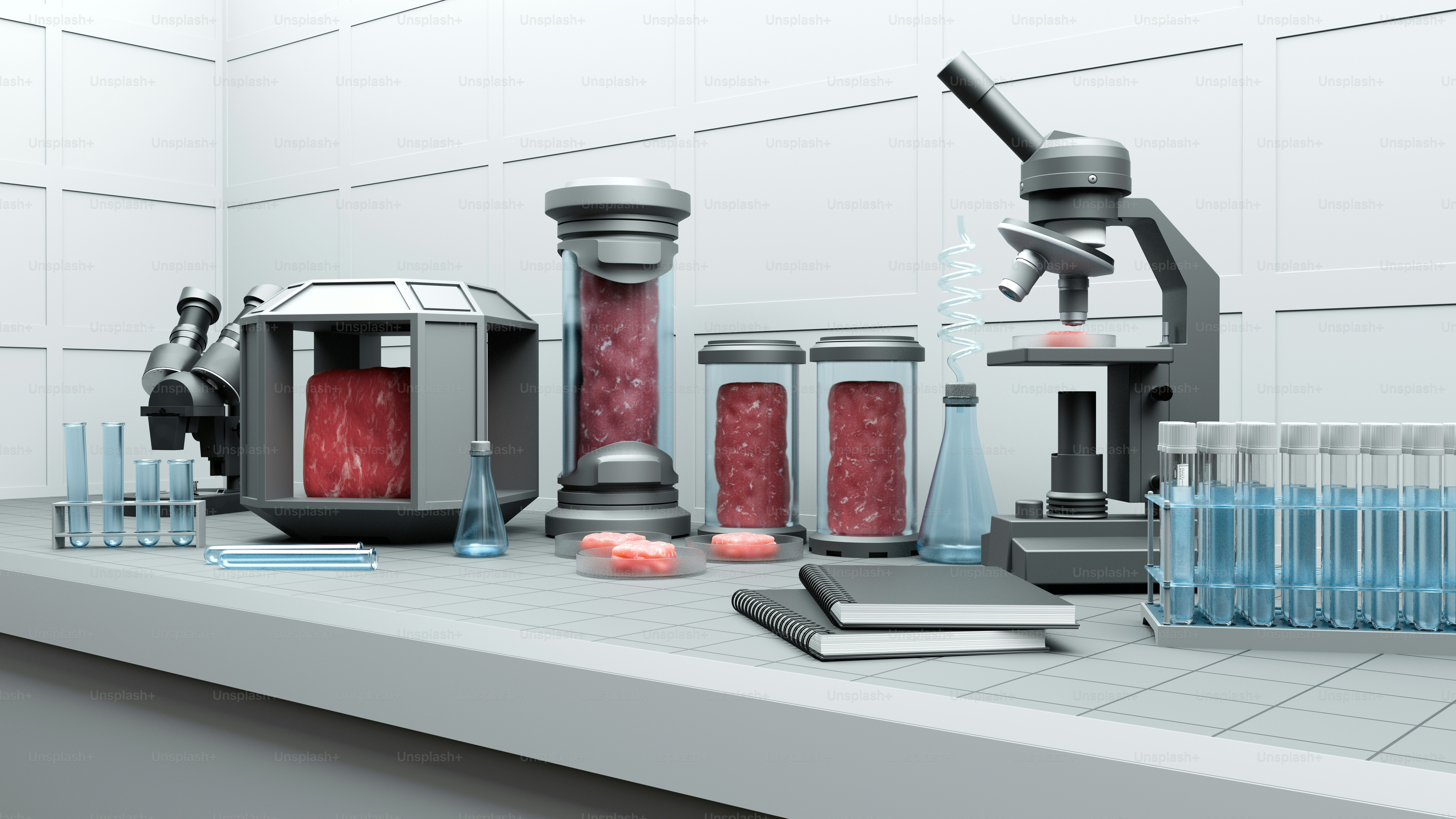 A table topped with lots of laboratory equipment photo – 3d render ...