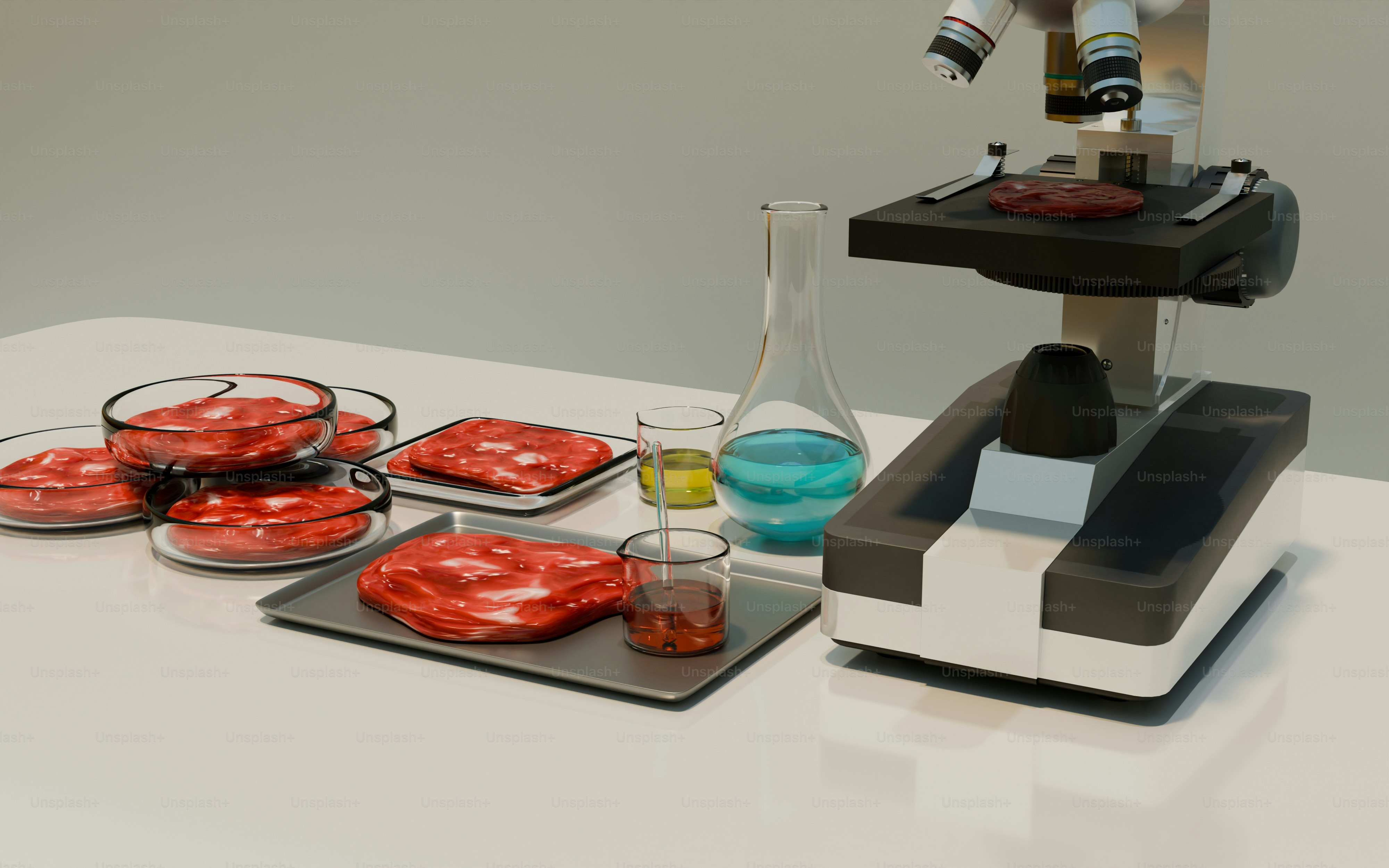 A microscope and some plates of food on a table photo – 3d render Image ...