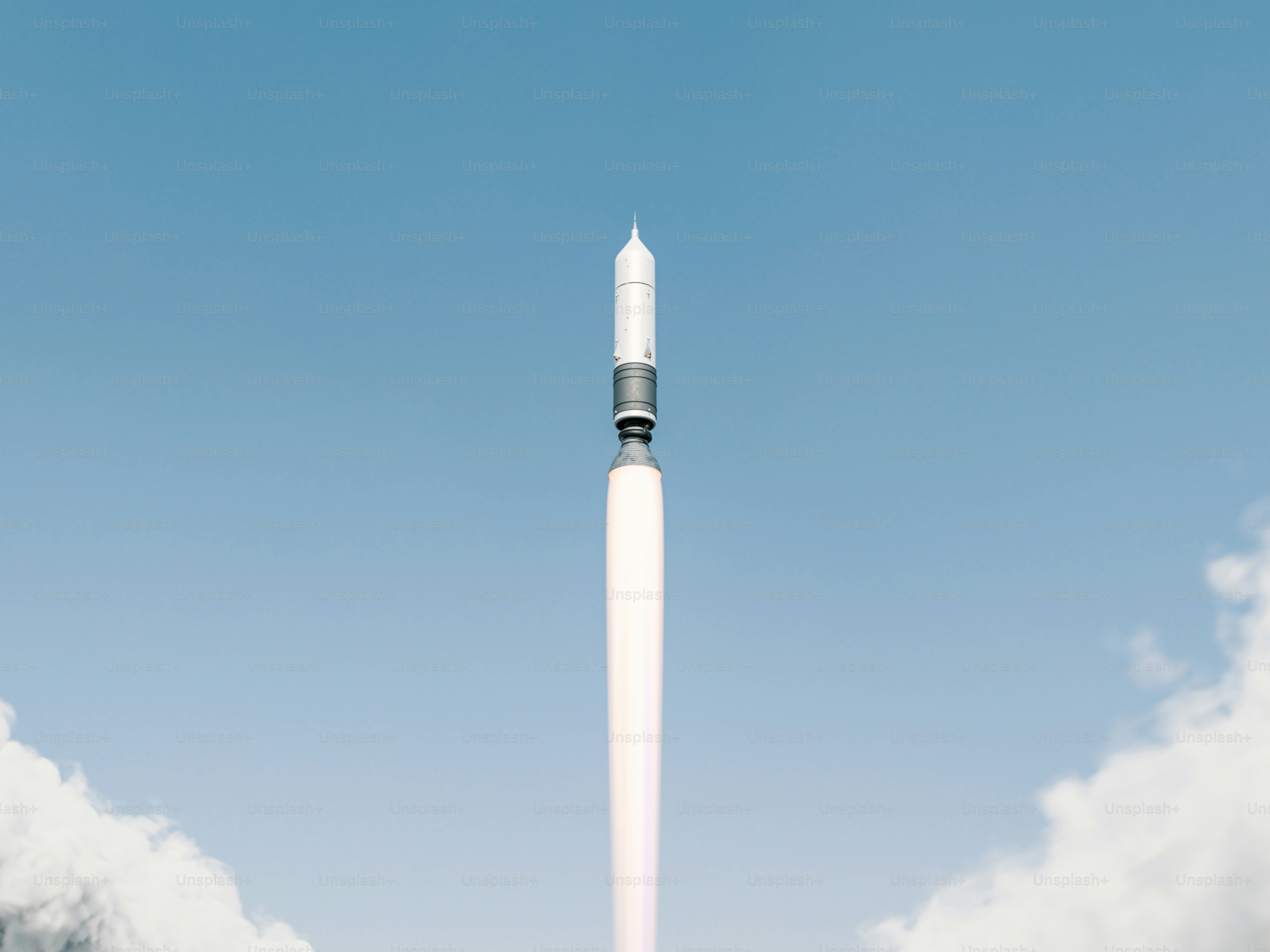 A white rocket is flying through the air photo – 3d render Image on ...