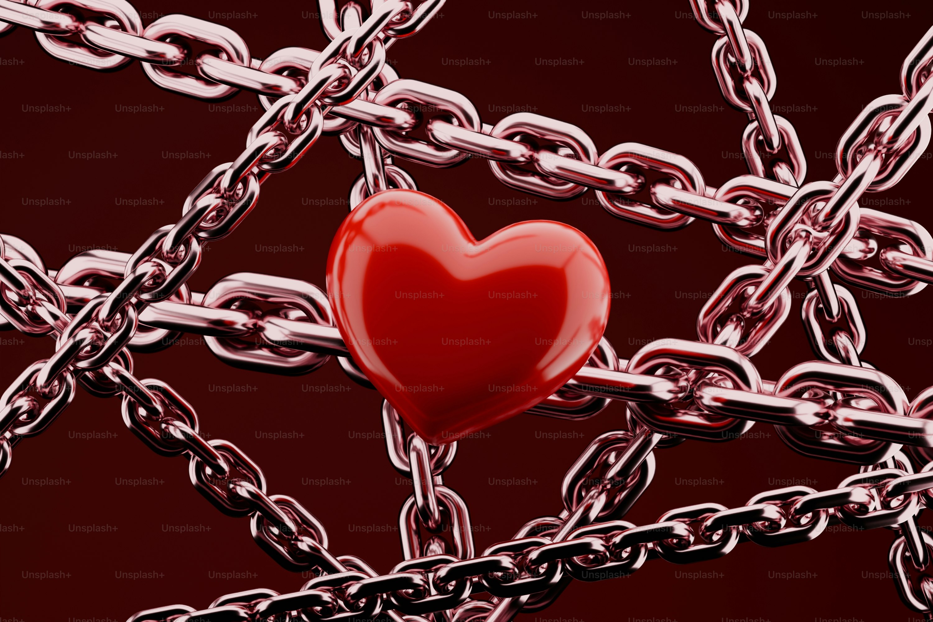 A red heart surrounded by chains on a black background photo – 3d ...