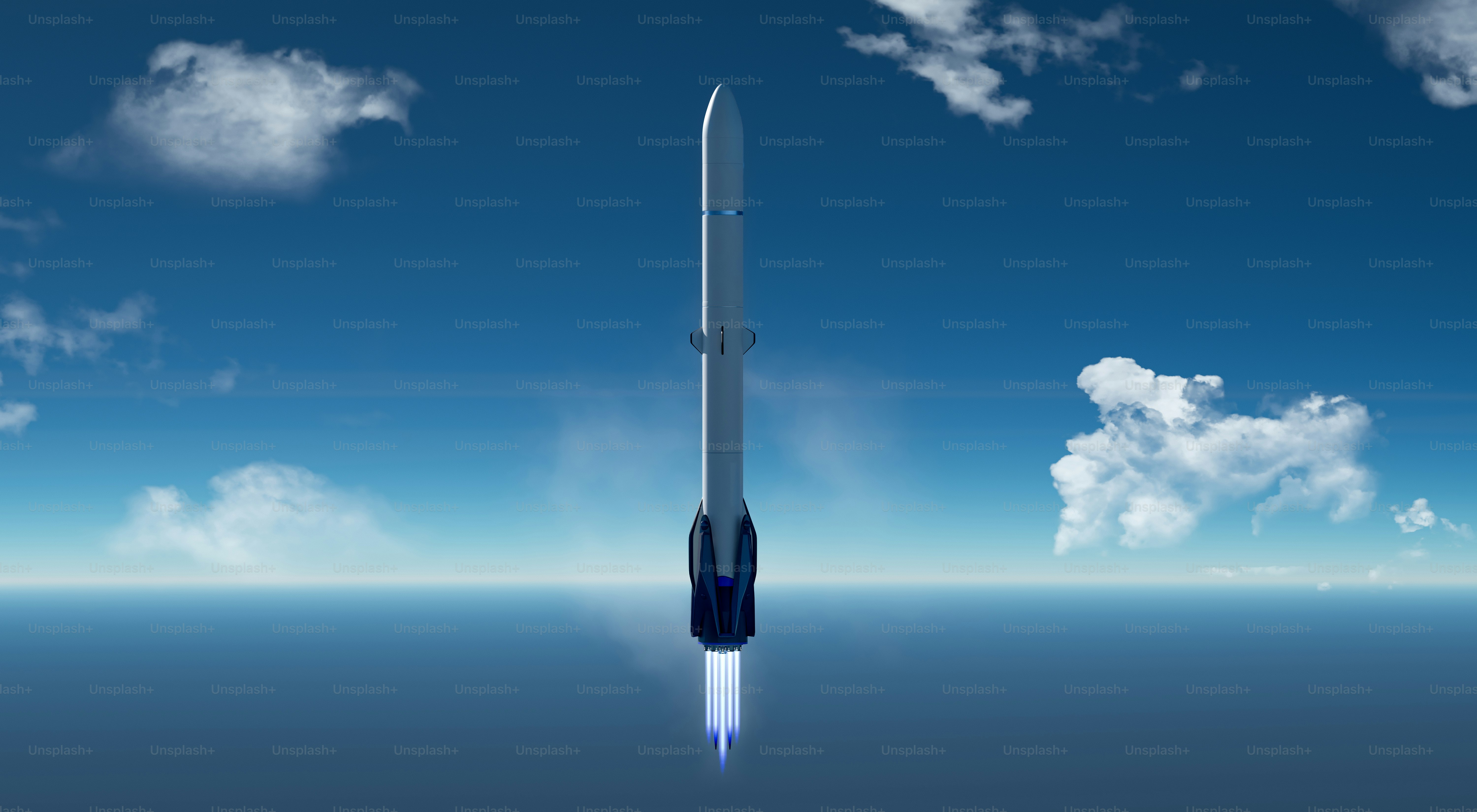 A rocket is flying through the sky above the water photo – 3d render ...