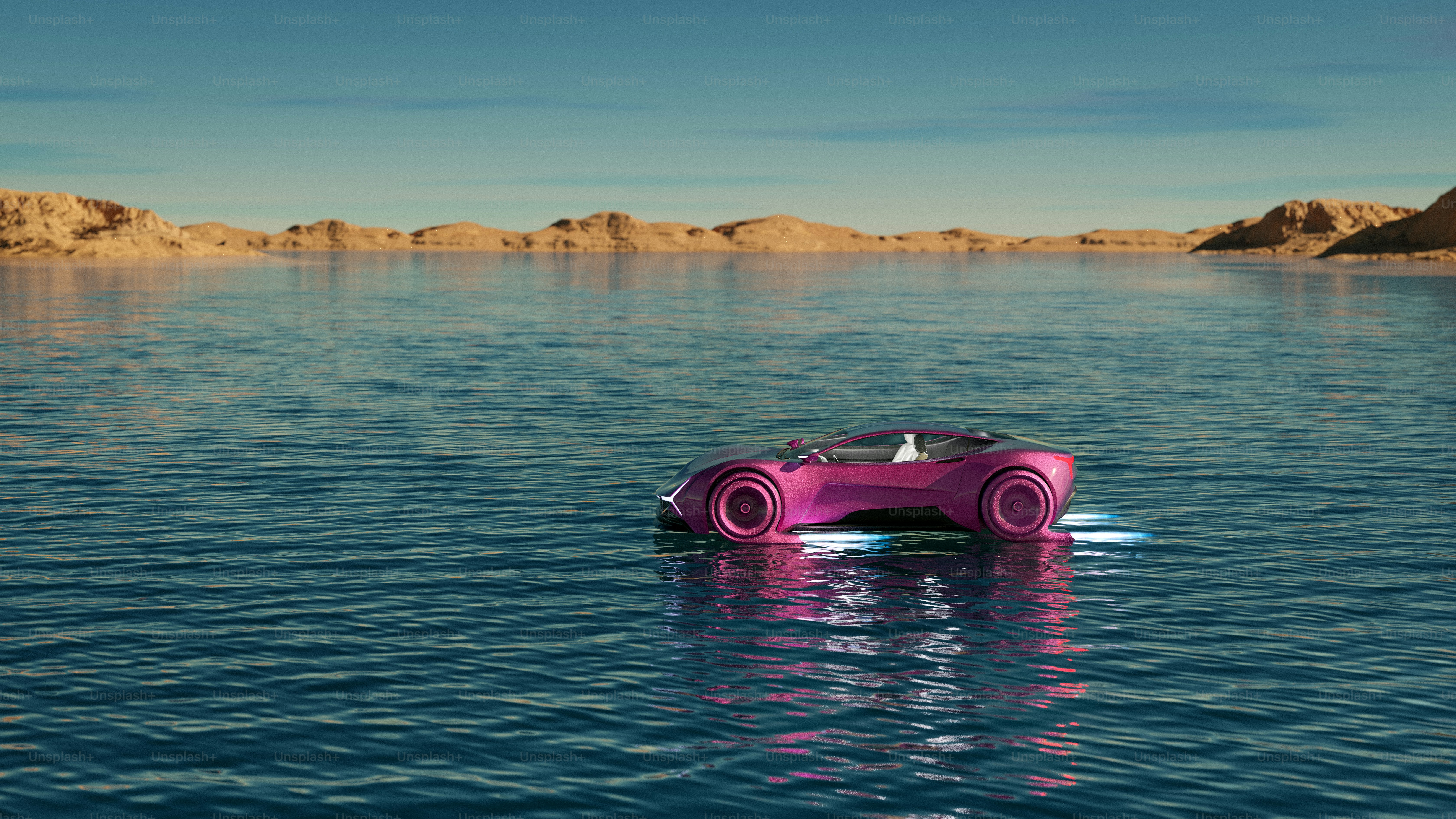 A pink car floating on top of a body of water photo – Water vehicle ...
