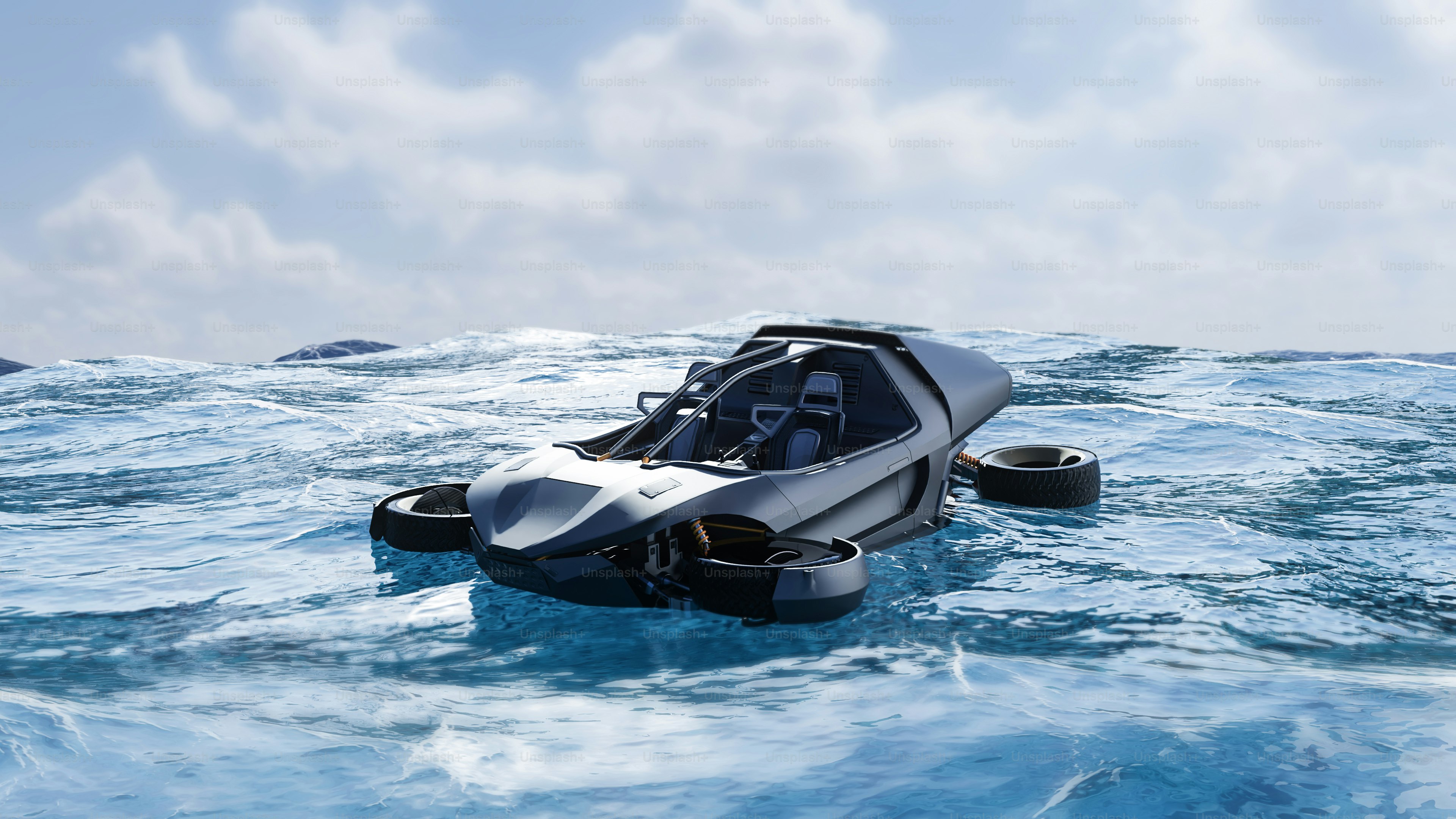 A small boat floating on top of a large body of water photo – 3d render ...