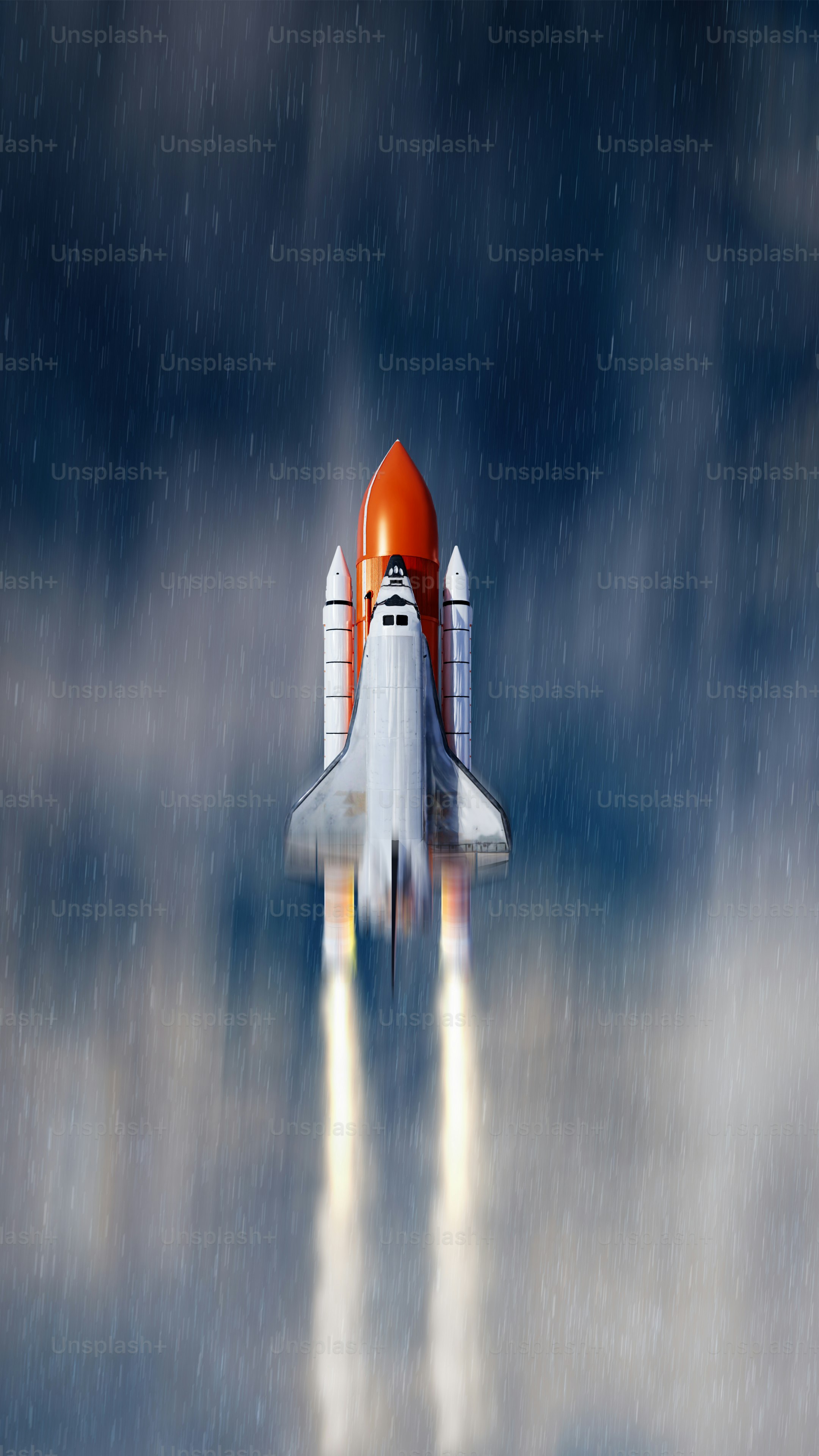 A red and white space shuttle flying through the sky photo – Rocket ...