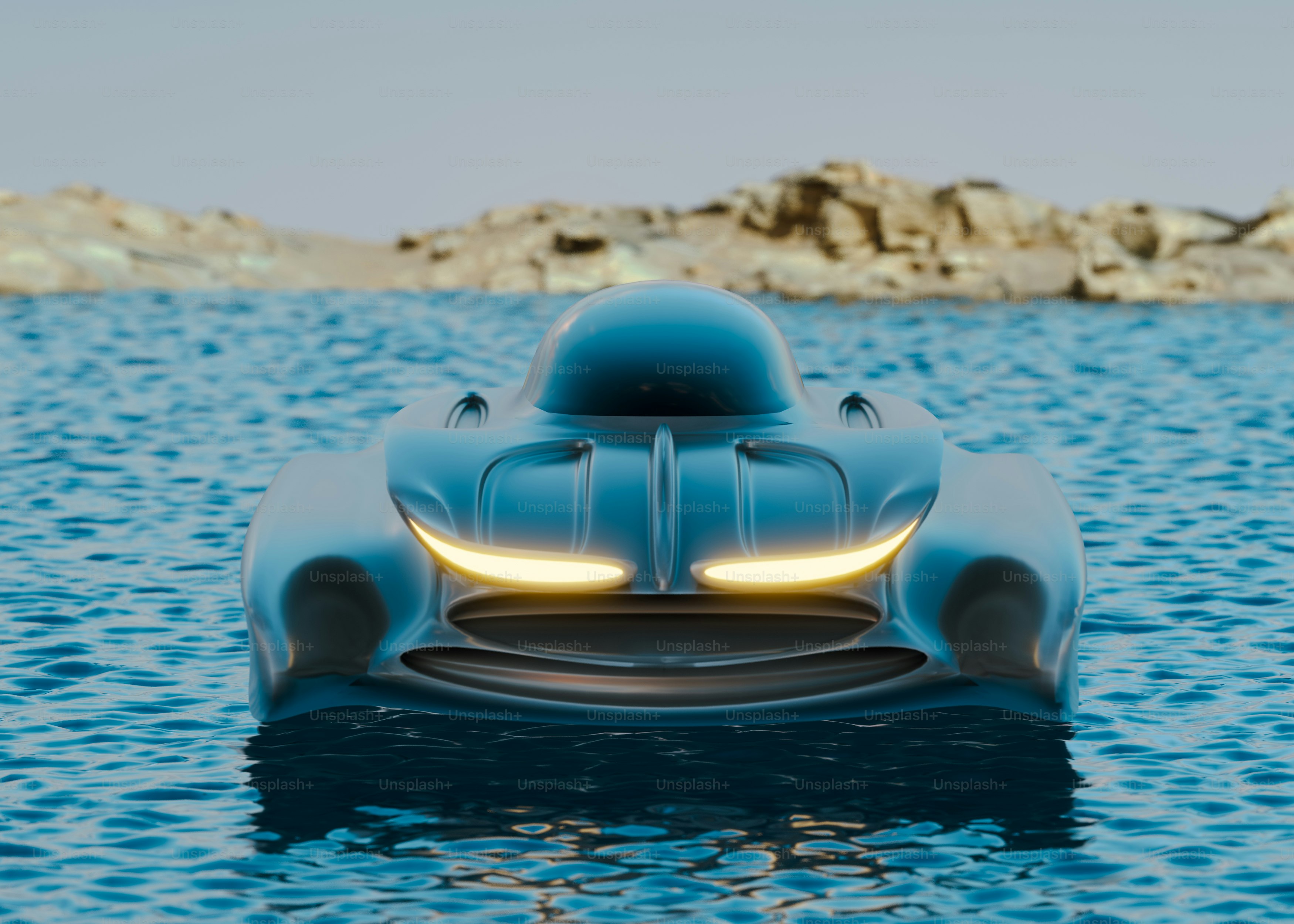 A futuristic car floating in a body of water photo – 3d render Image on ...