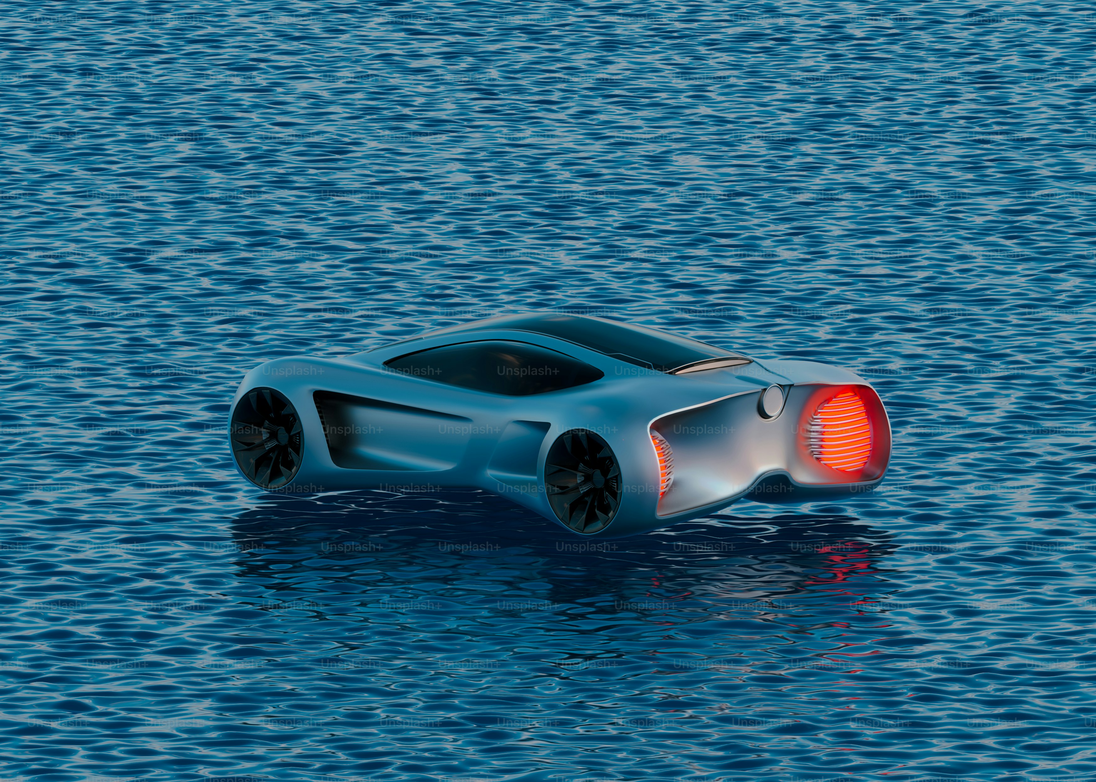 A toy car floating on top of a body of water photo – 3d render Image on ...
