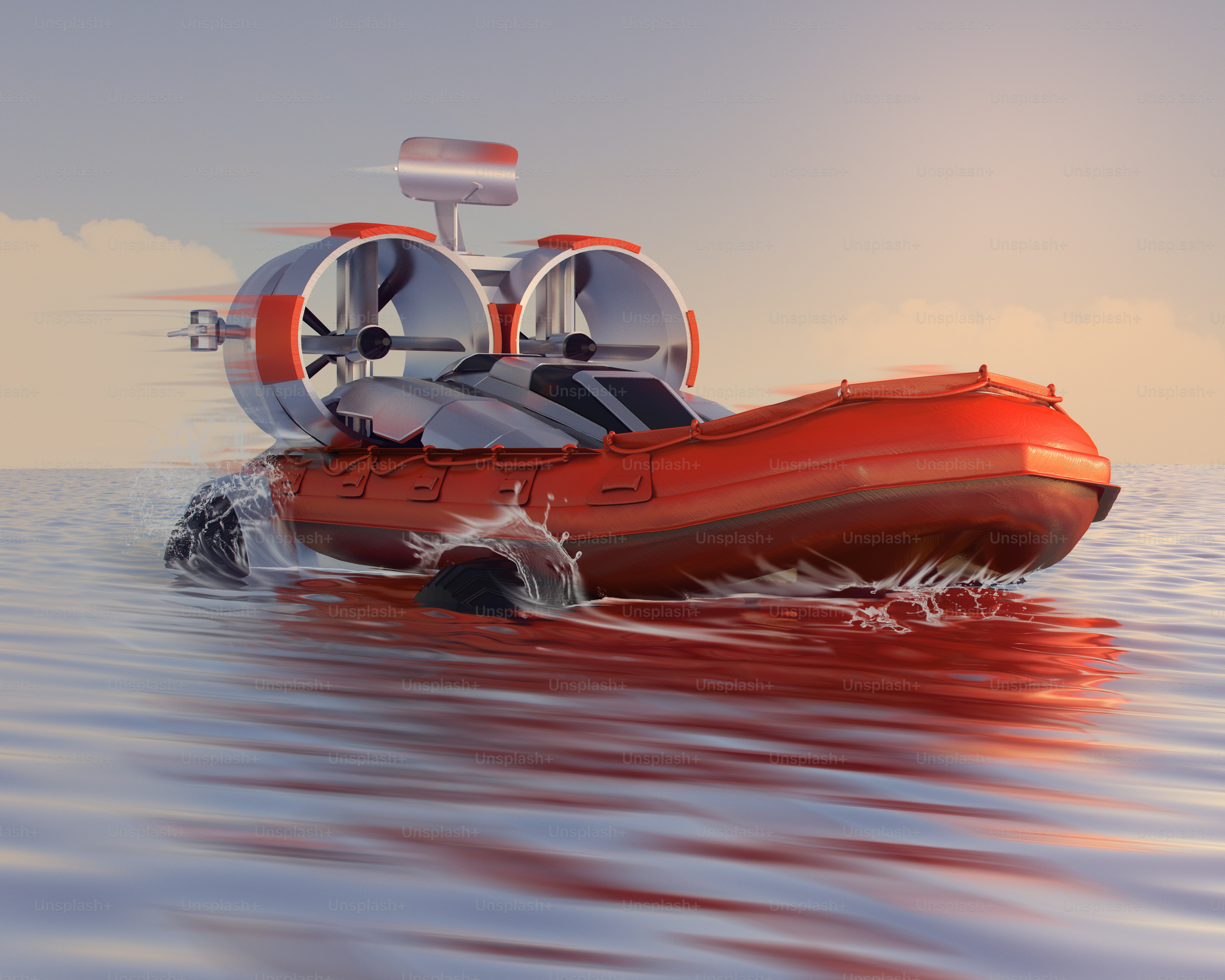 A small boat floating on top of a body of water photo – 3d render Image ...