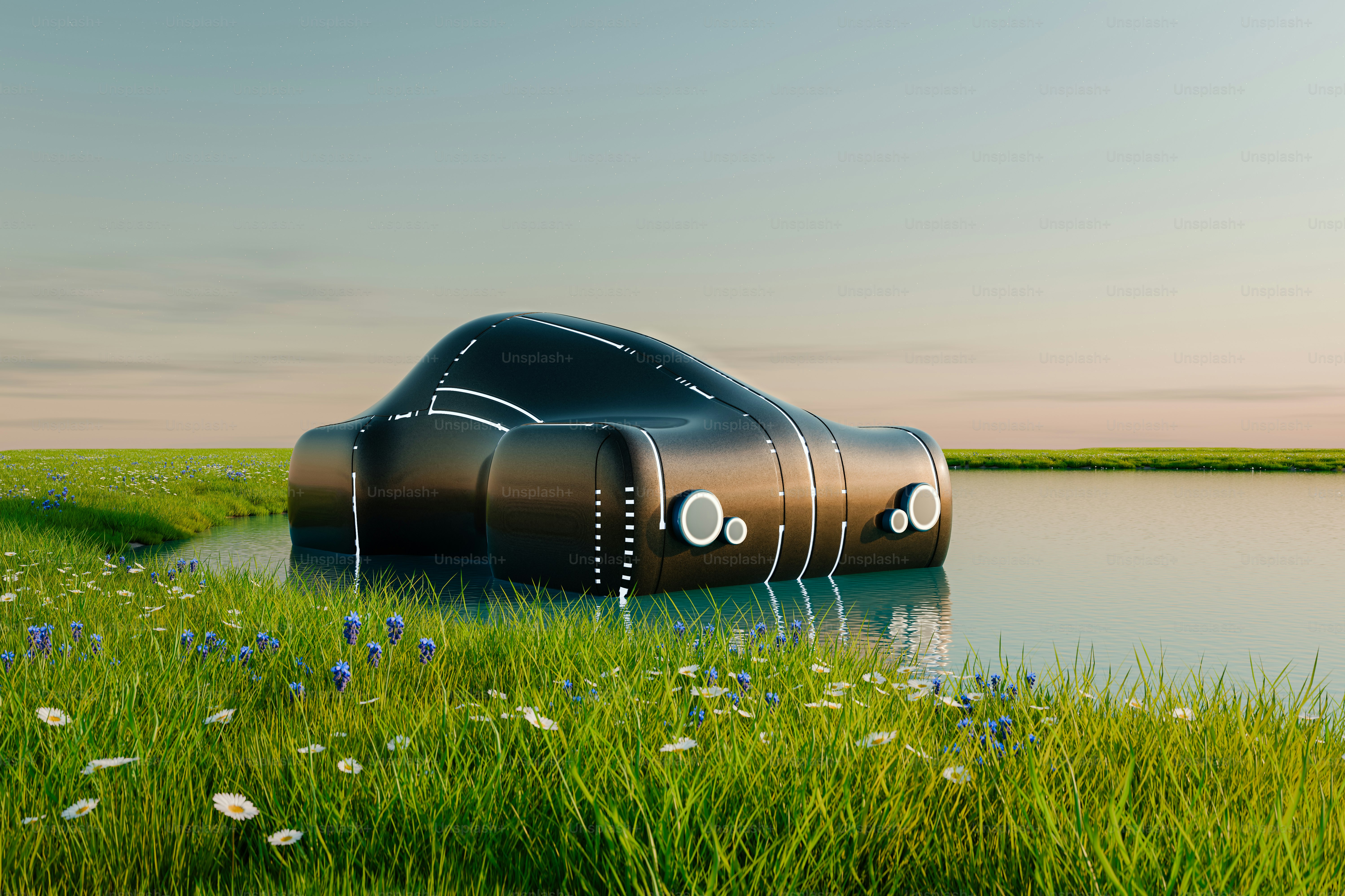 A car shaped like a boat floating in a body of water photo – 3d render ...