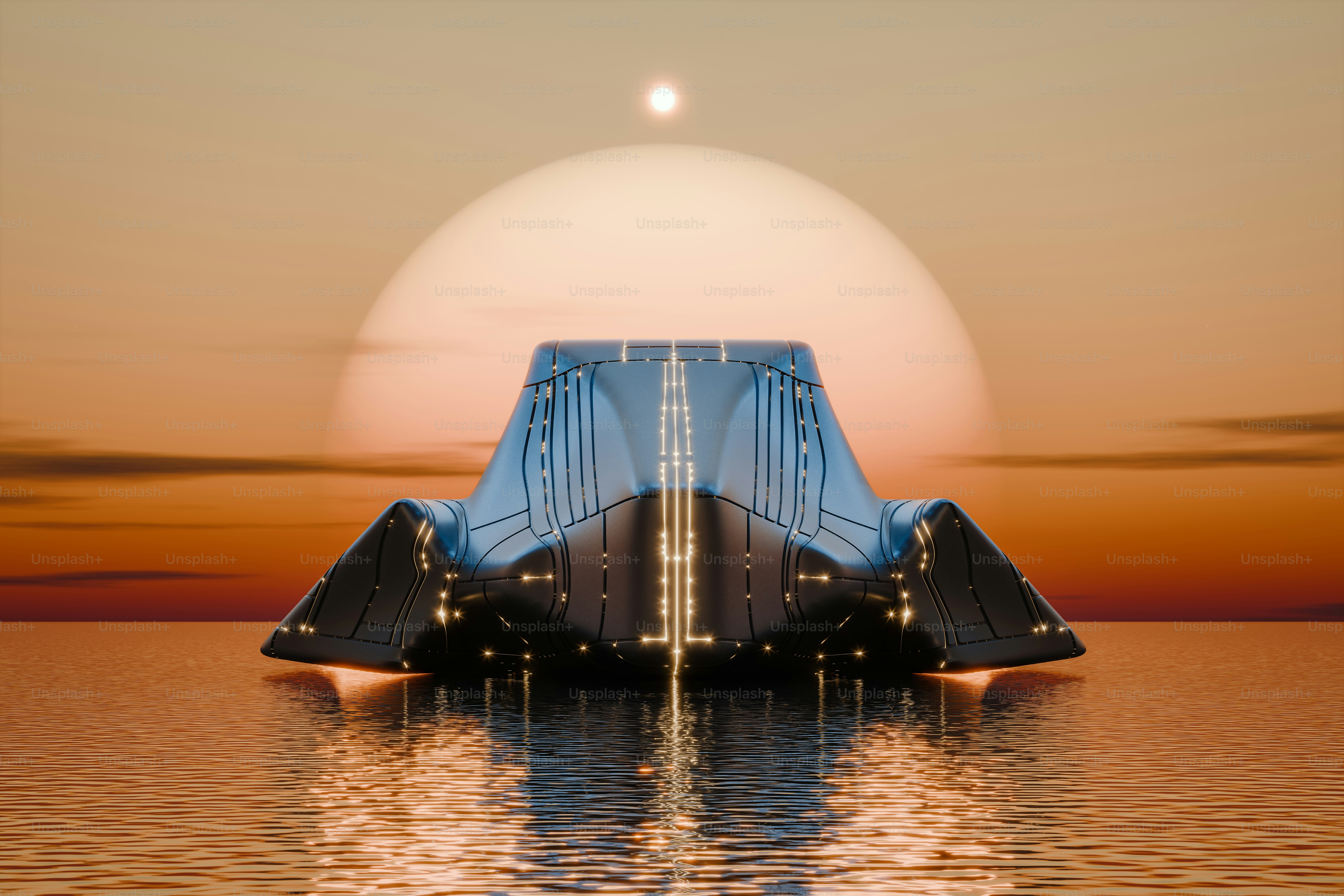 A large boat floating on top of a body of water photo – 3d render Image ...