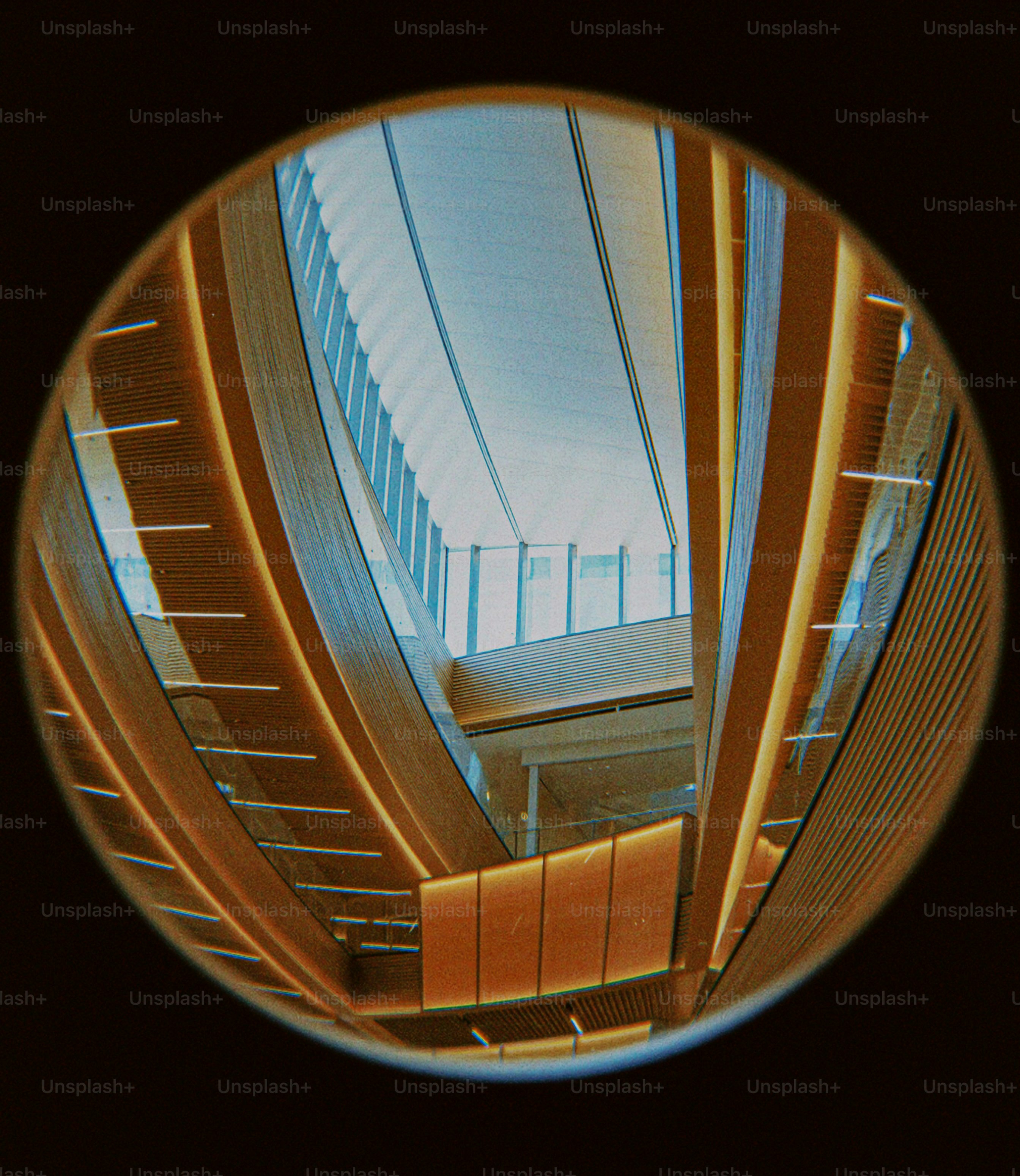 A circular picture of a building with a staircase photo – Distorted ...