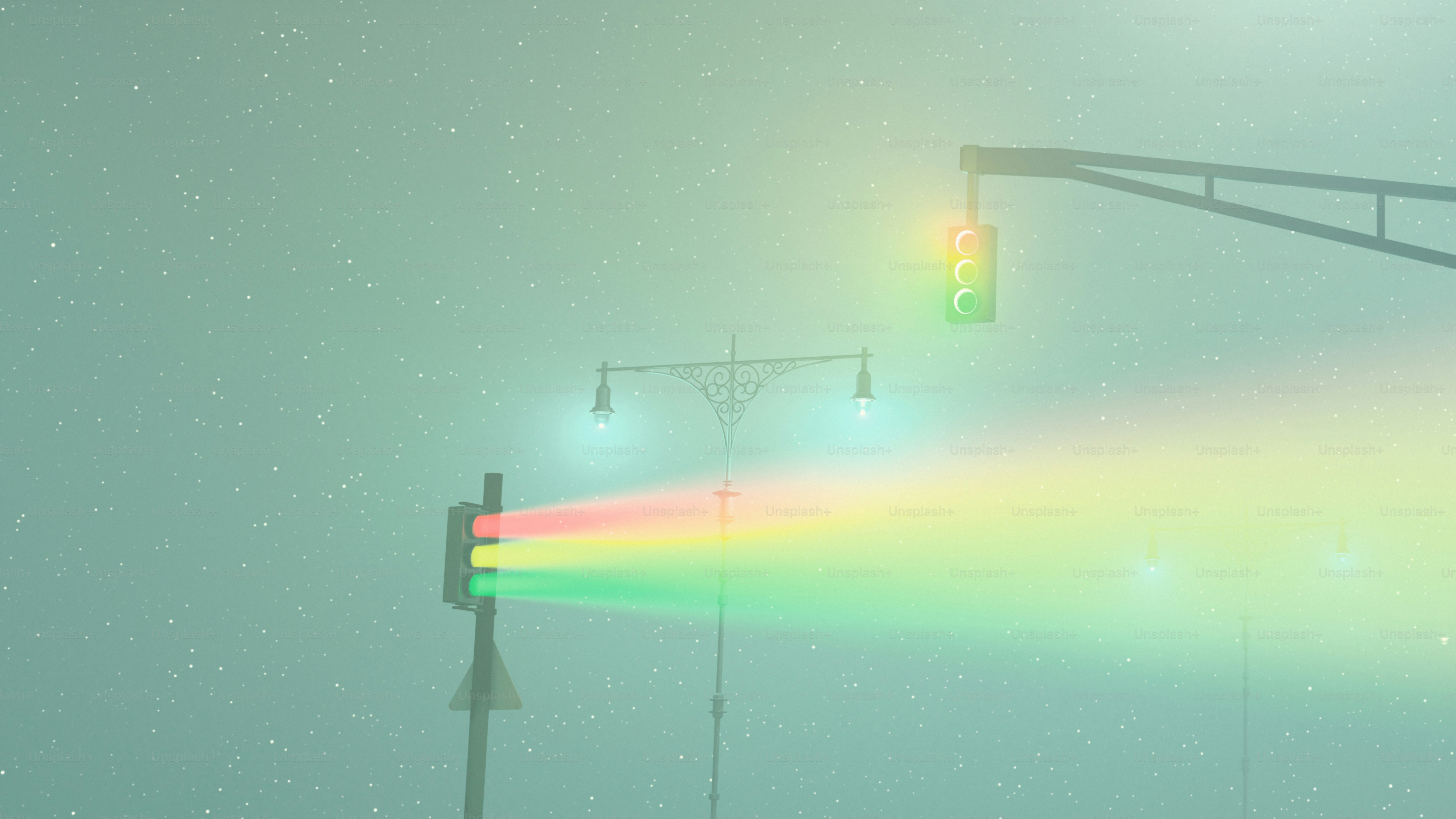 A traffic light with a rainbow beam in the middle of it photo – 3d ...