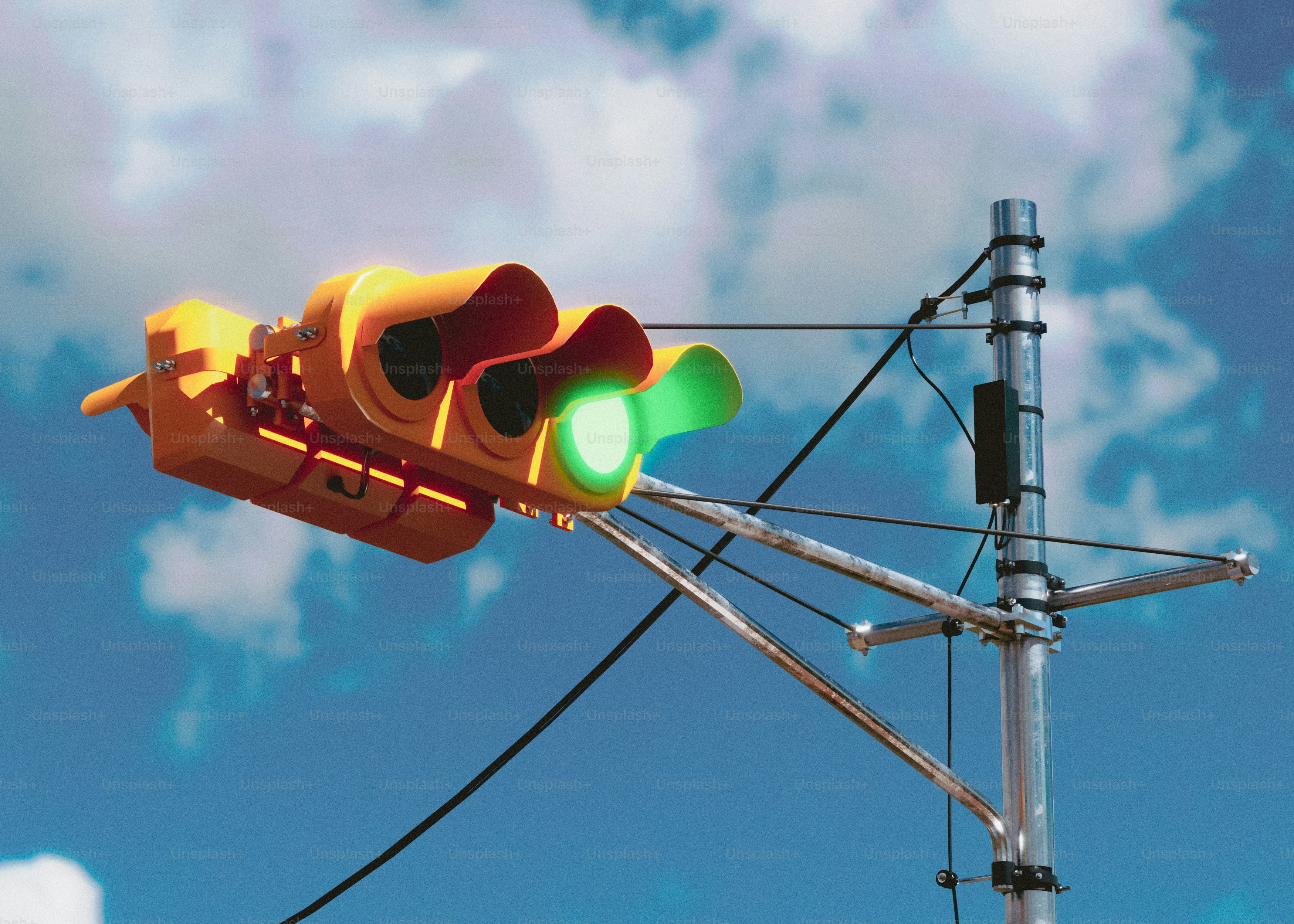 A traffic light hanging from the side of a pole photo – 3d Image on ...