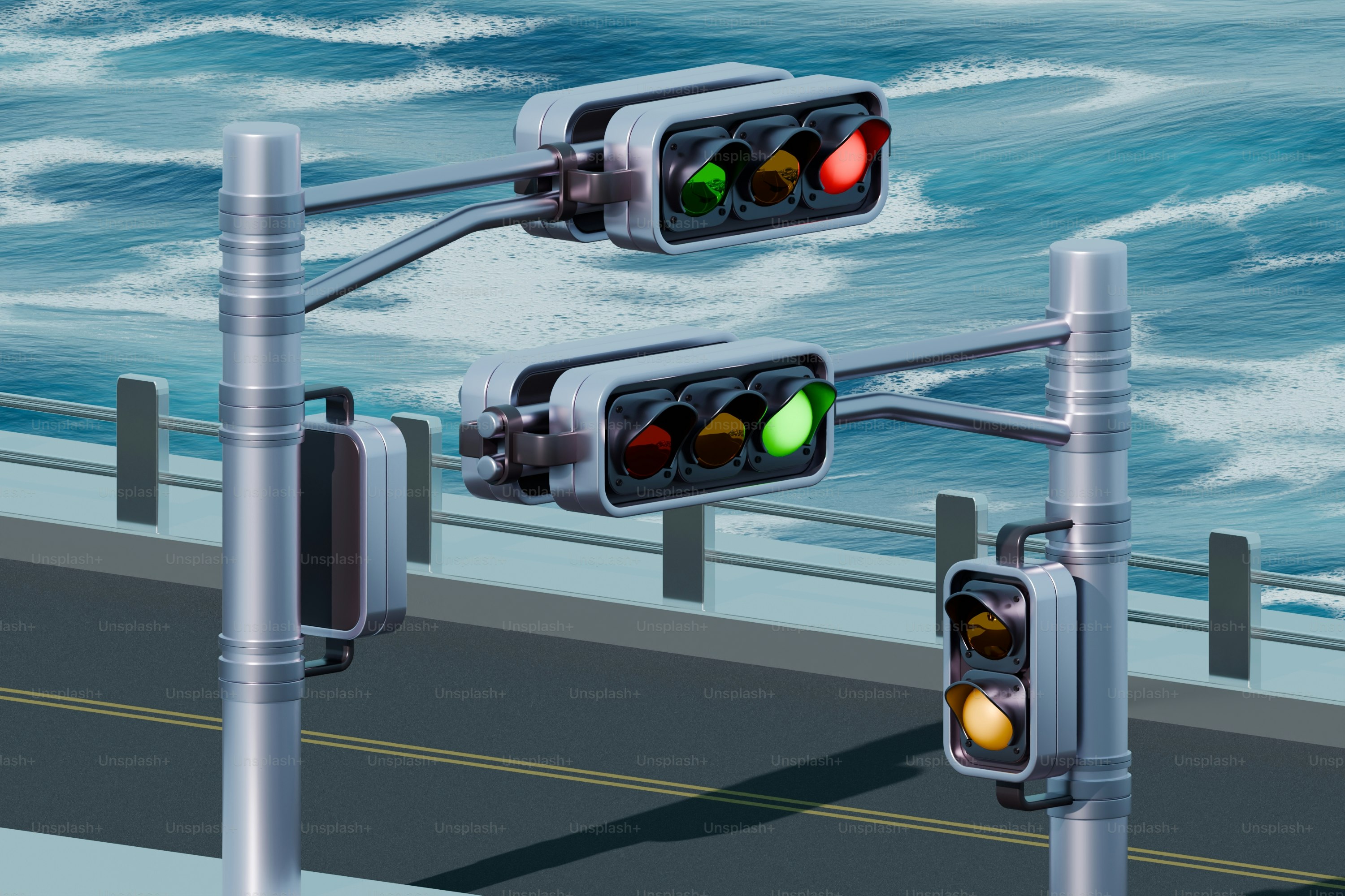 A couple of traffic lights sitting on the side of a road photo – 3d ...