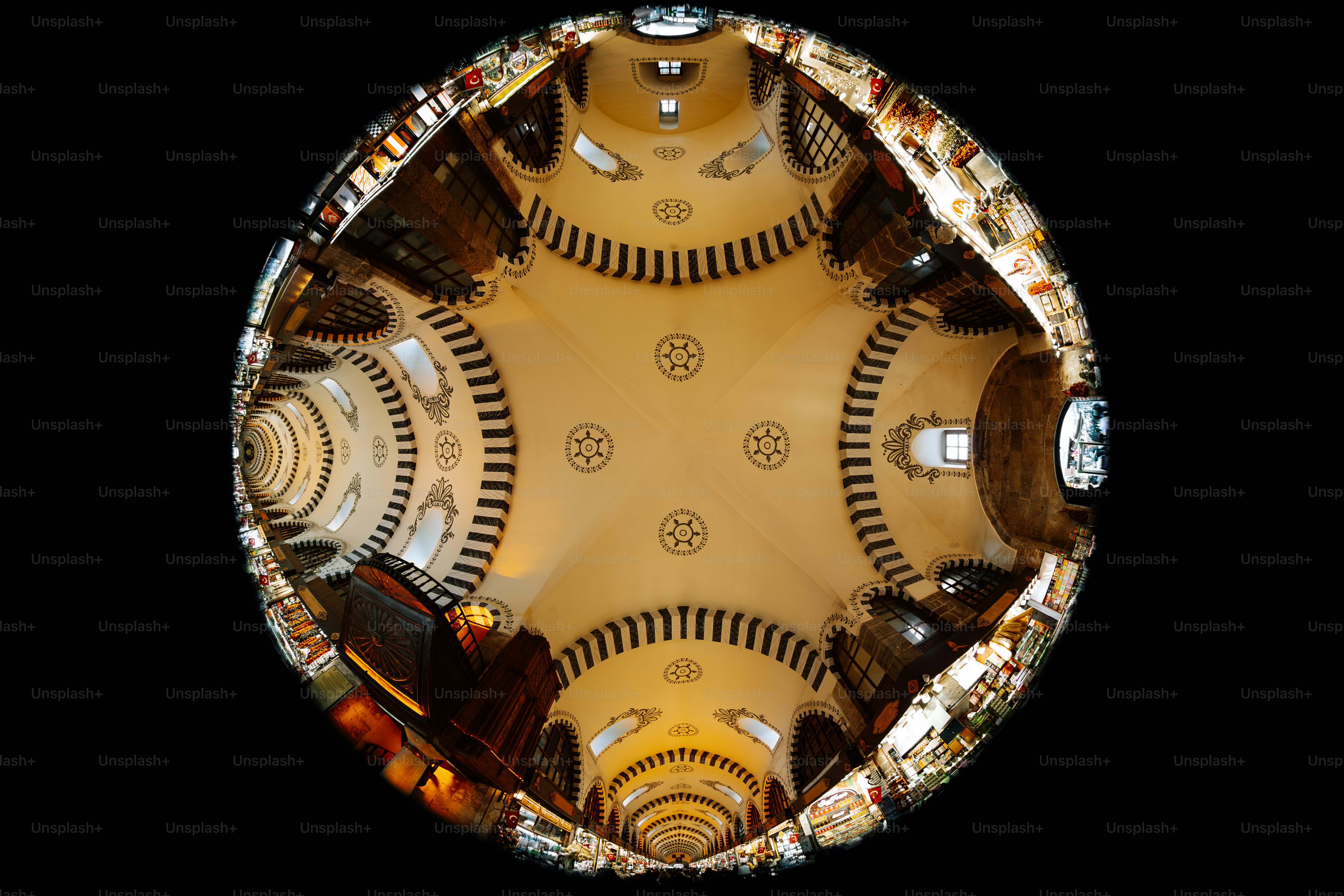 A fish eye view of a building with a clock on it photo – Fisheye lens ...