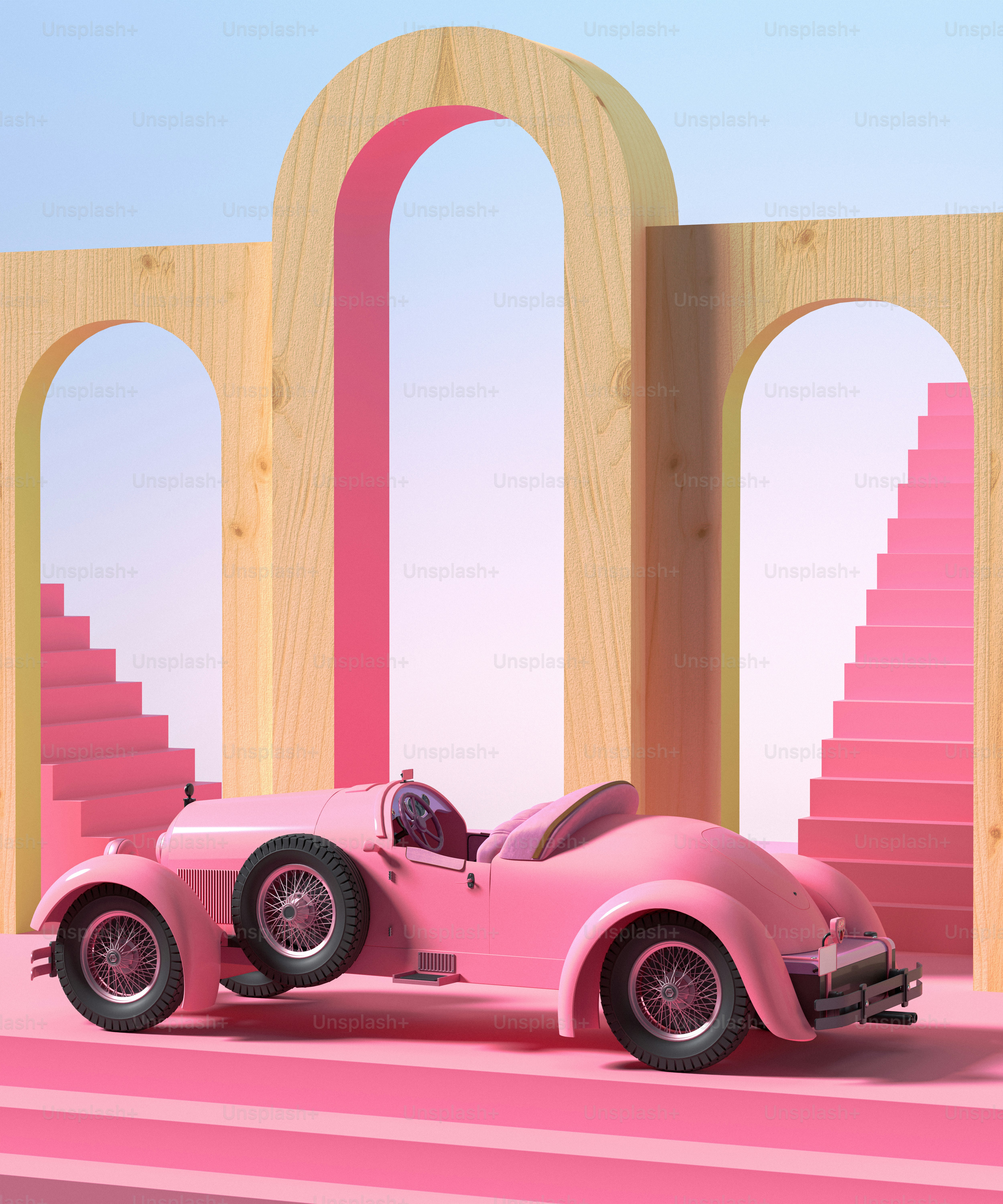 Un coche rosa aparcado delante de una escalera rosa foto – Imagen de 3d ...