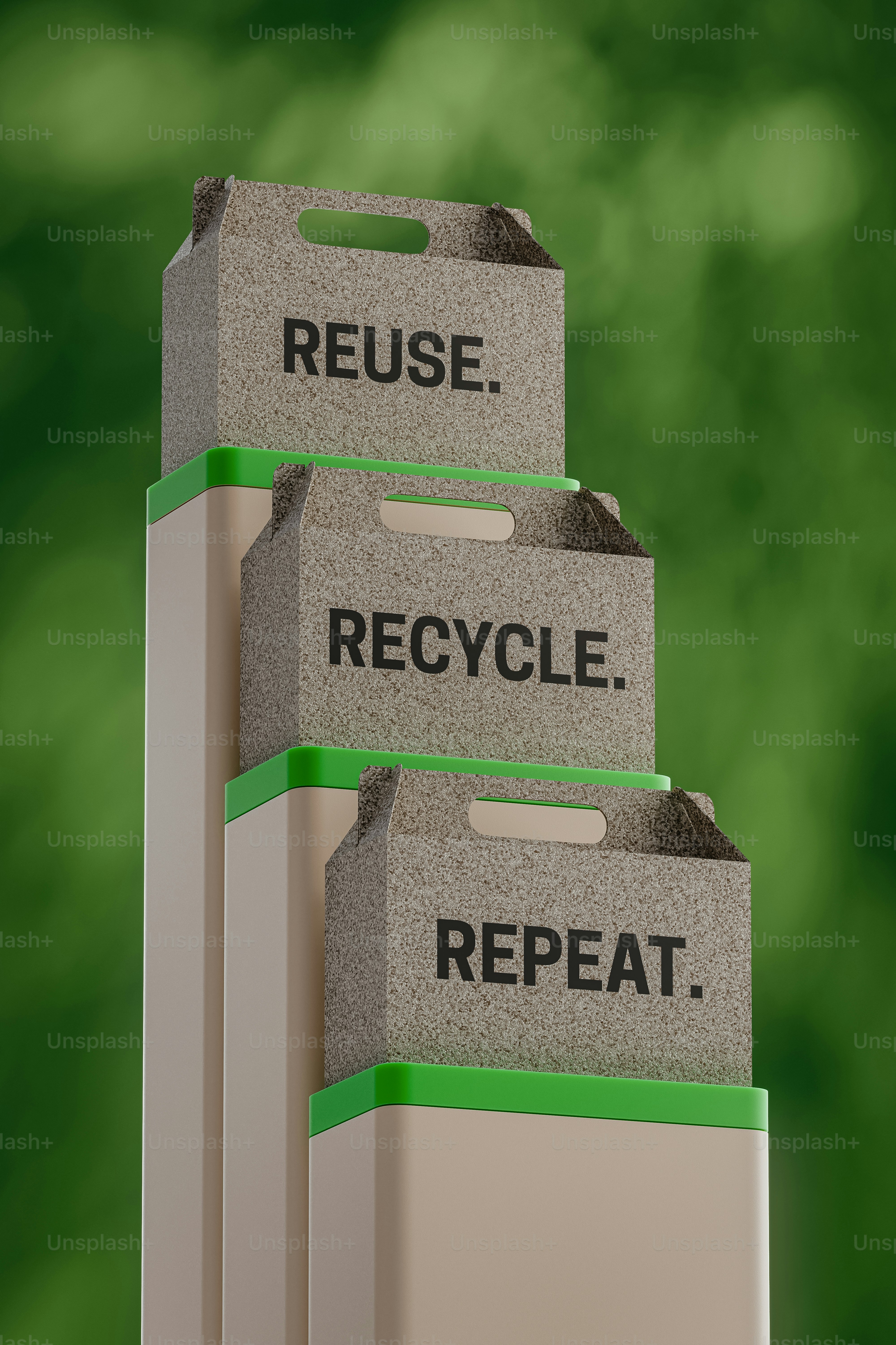 A stack of three boxes that say reuse, recycle, and repeat photo – 3d ...