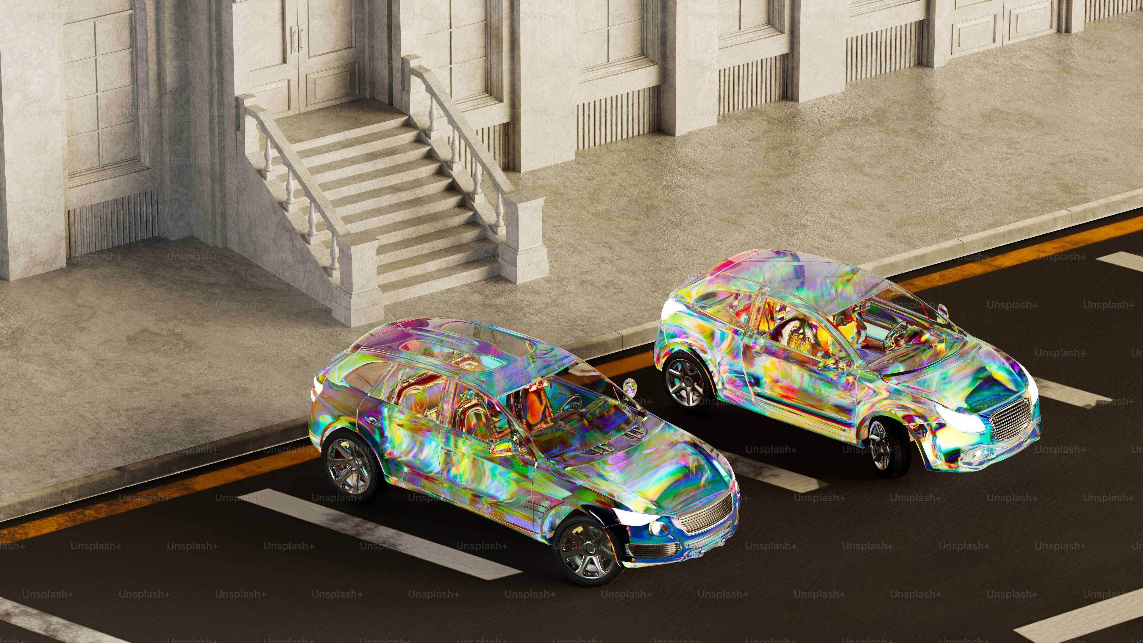 A couple of cars parked in front of a building photo – Motor vehicle ...