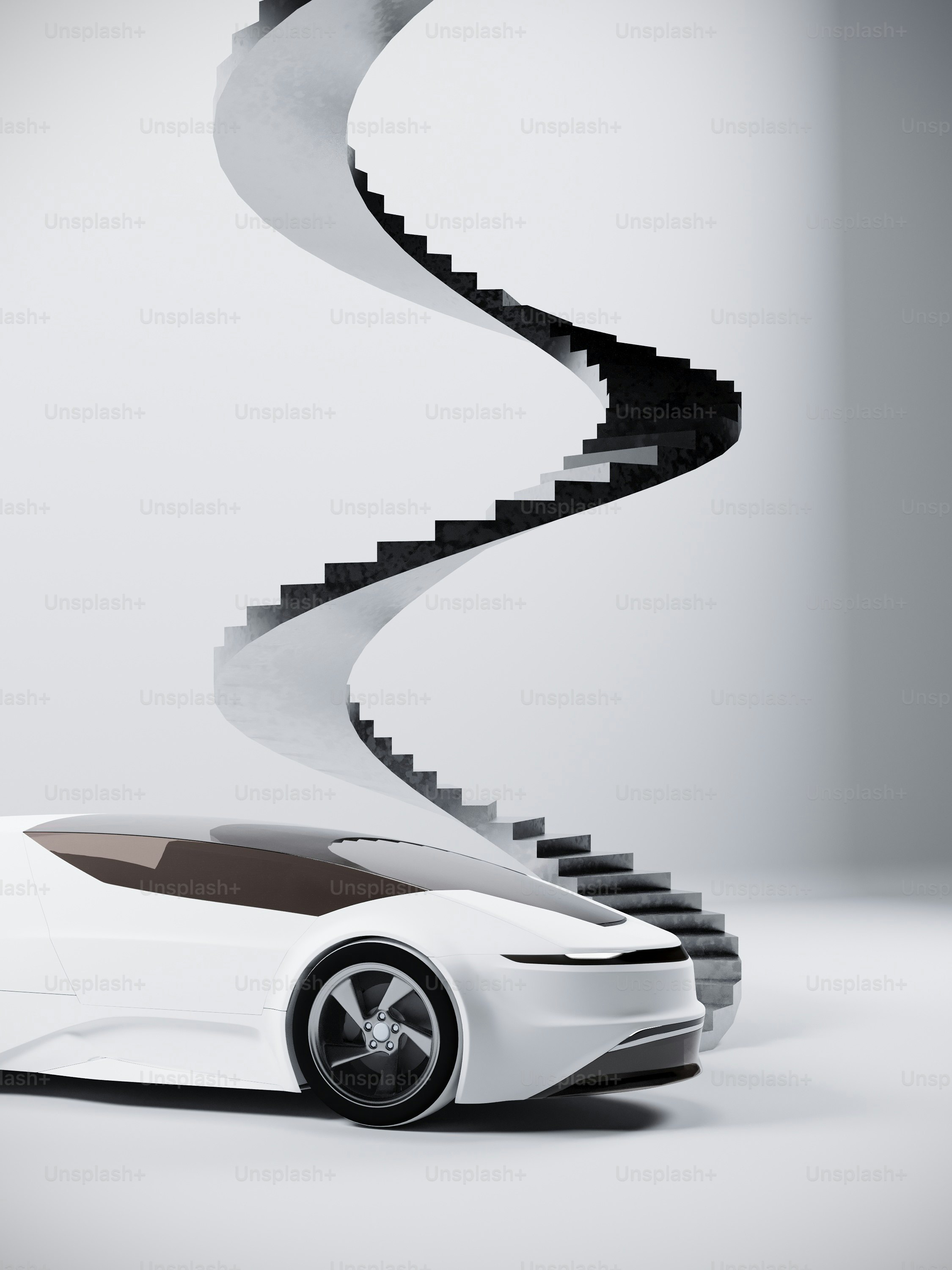 A white car with a spiral staircase in the background photo – Cars ...