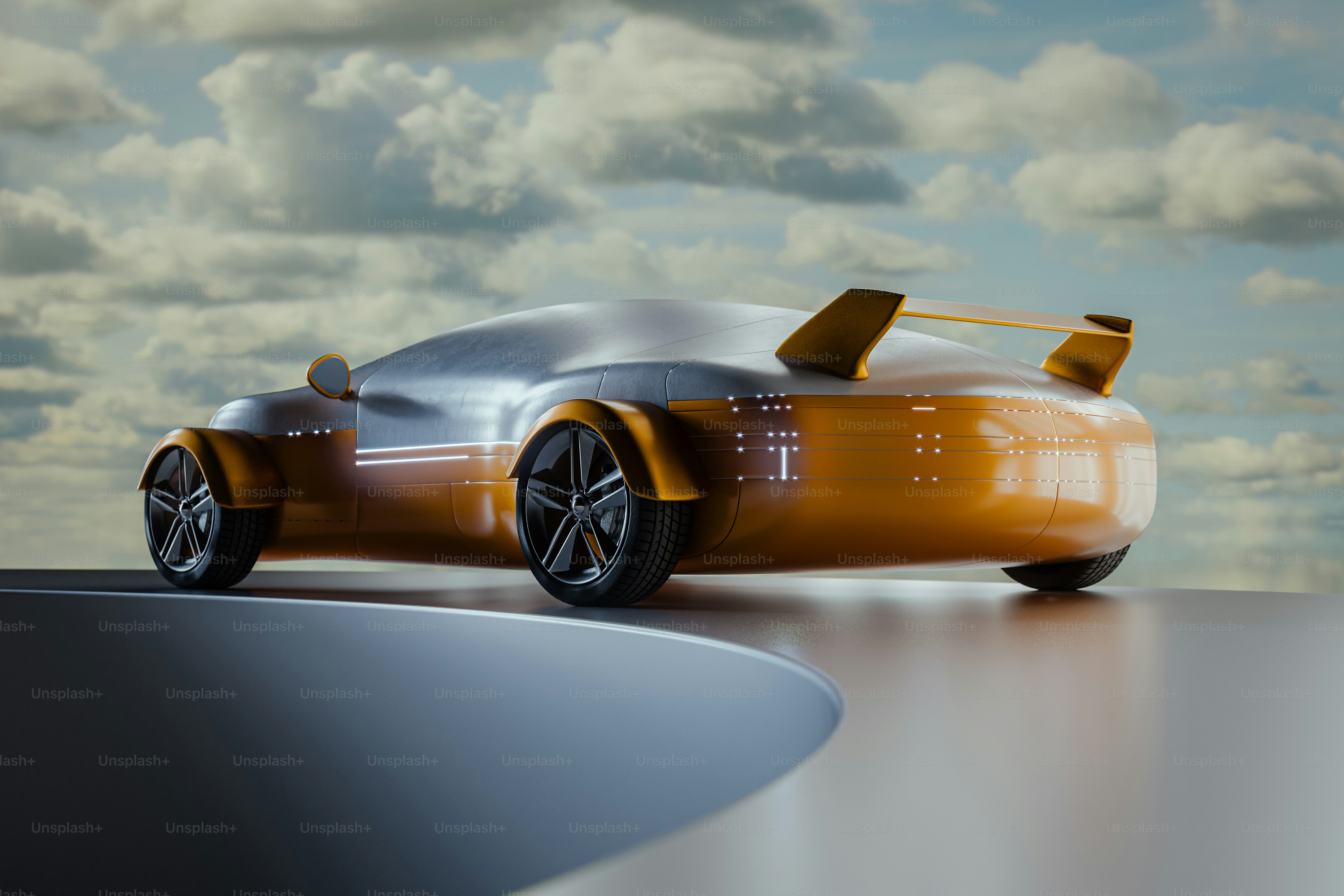 Un coche deportivo amarillo sentado en lo alto de una carretera foto ...