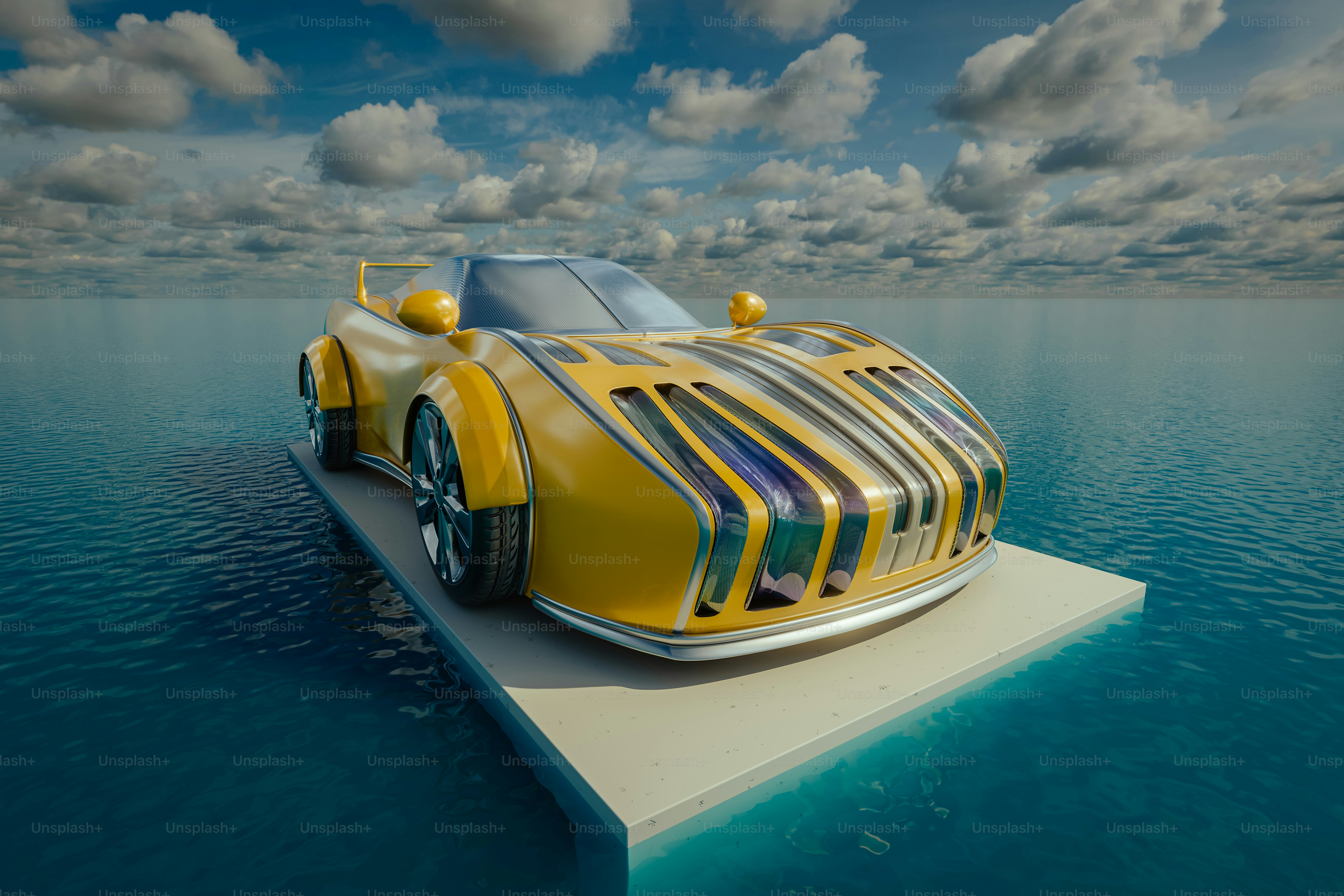 A futuristic car floating in the middle of the ocean photo – 3d render ...