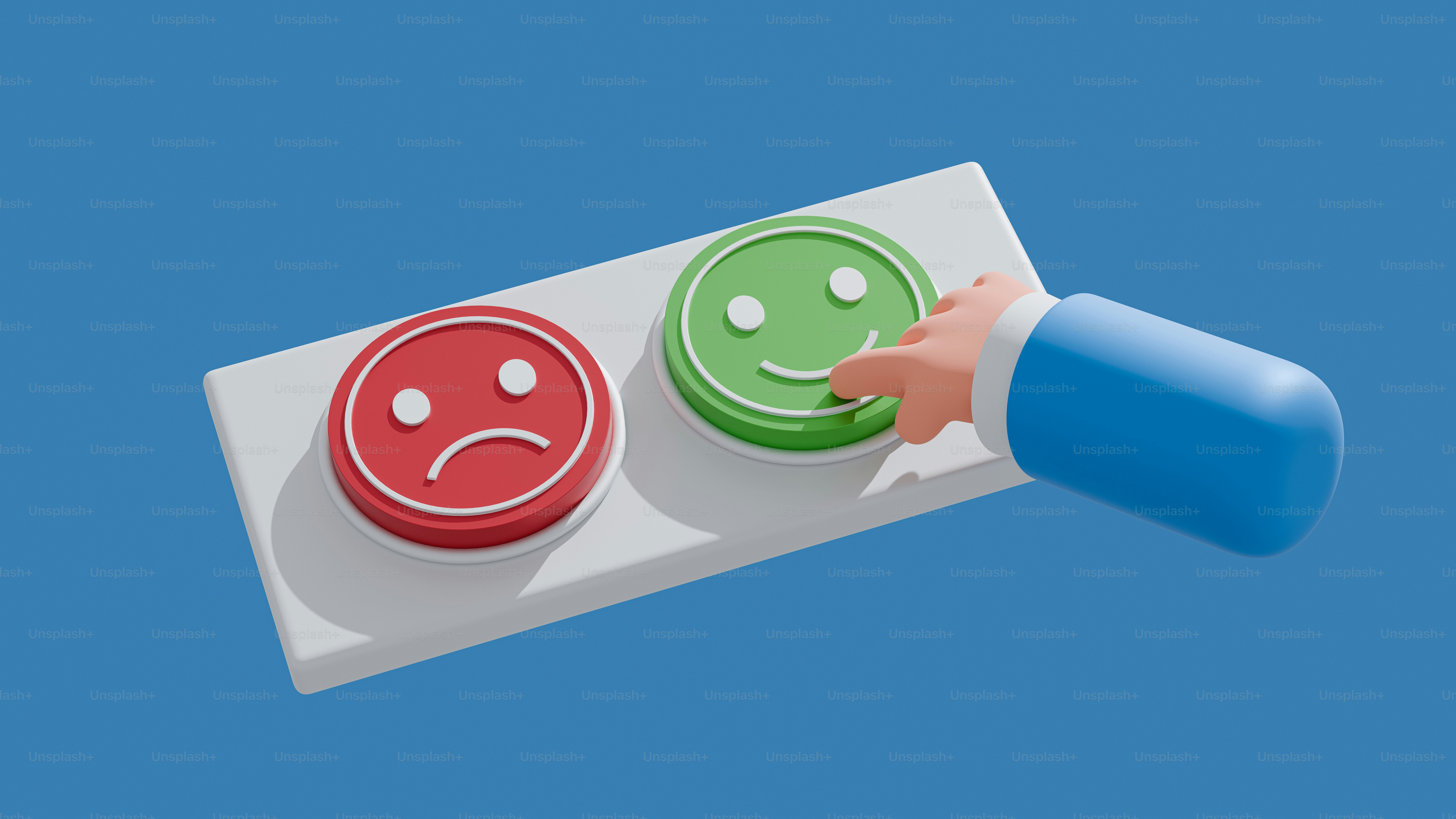 A hand pushing a button with a smiley face on it photo – 3d render ...