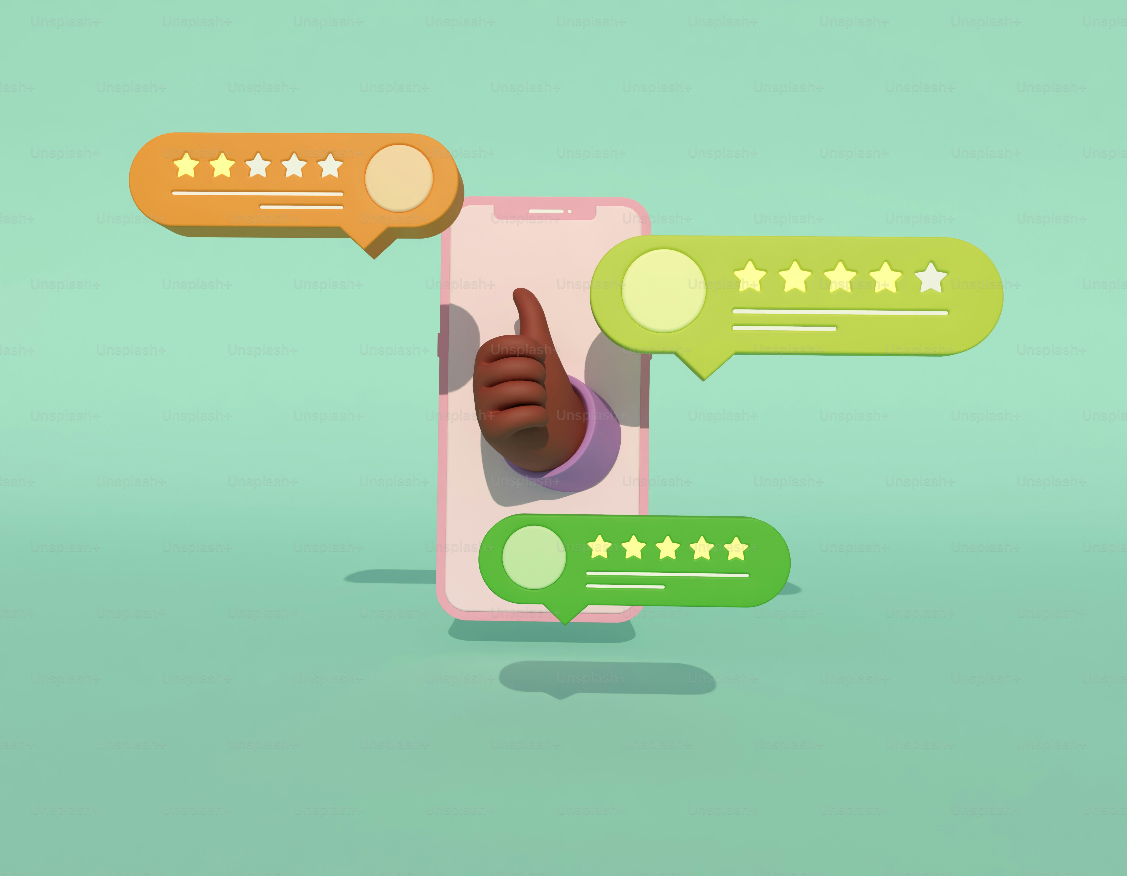 Un teléfono celular con un pulgar hacia arriba y cinco estrellas foto ...