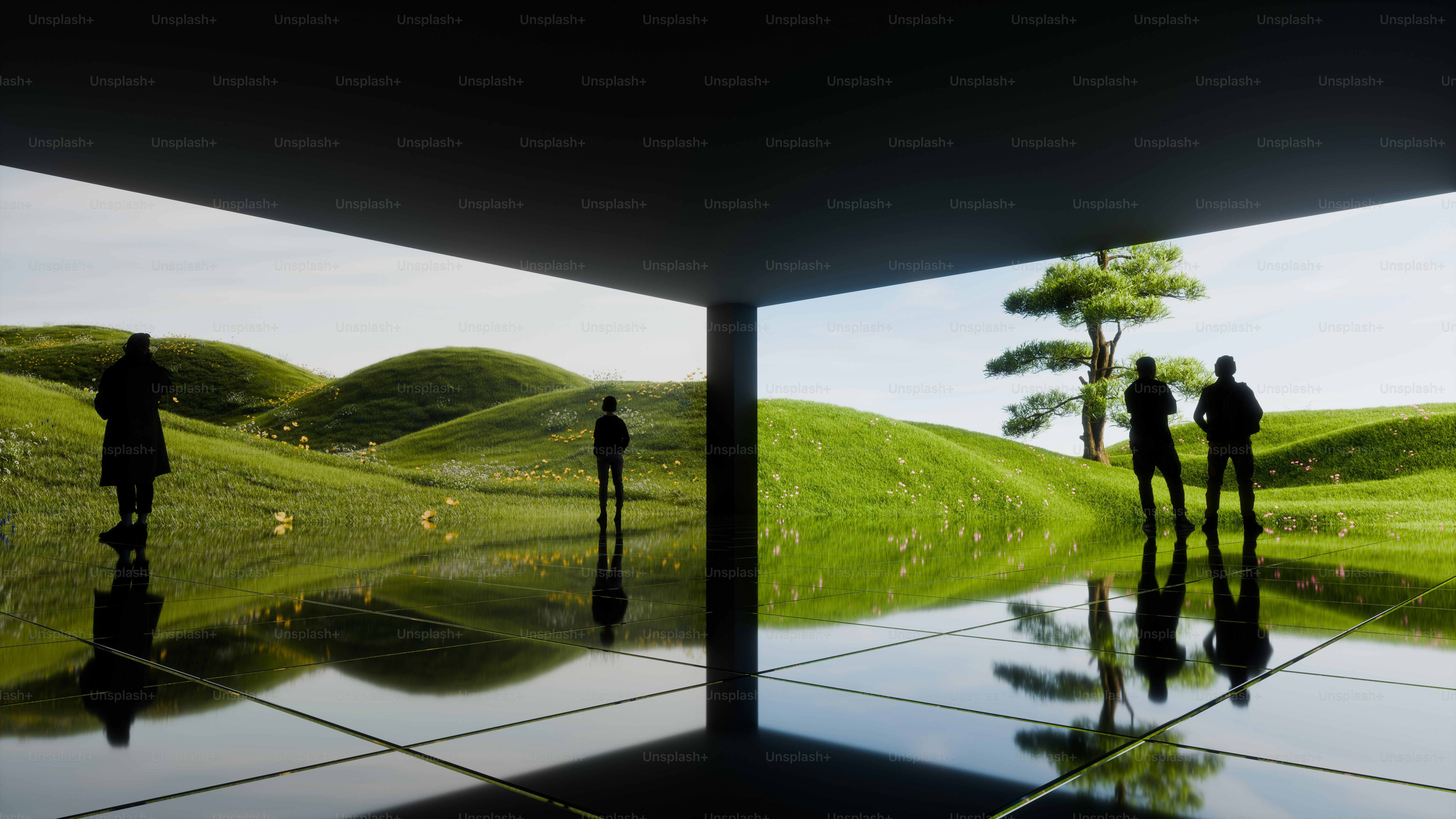 Un groupe de personnes debout devant un miroir photo – Image de Rendu ...
