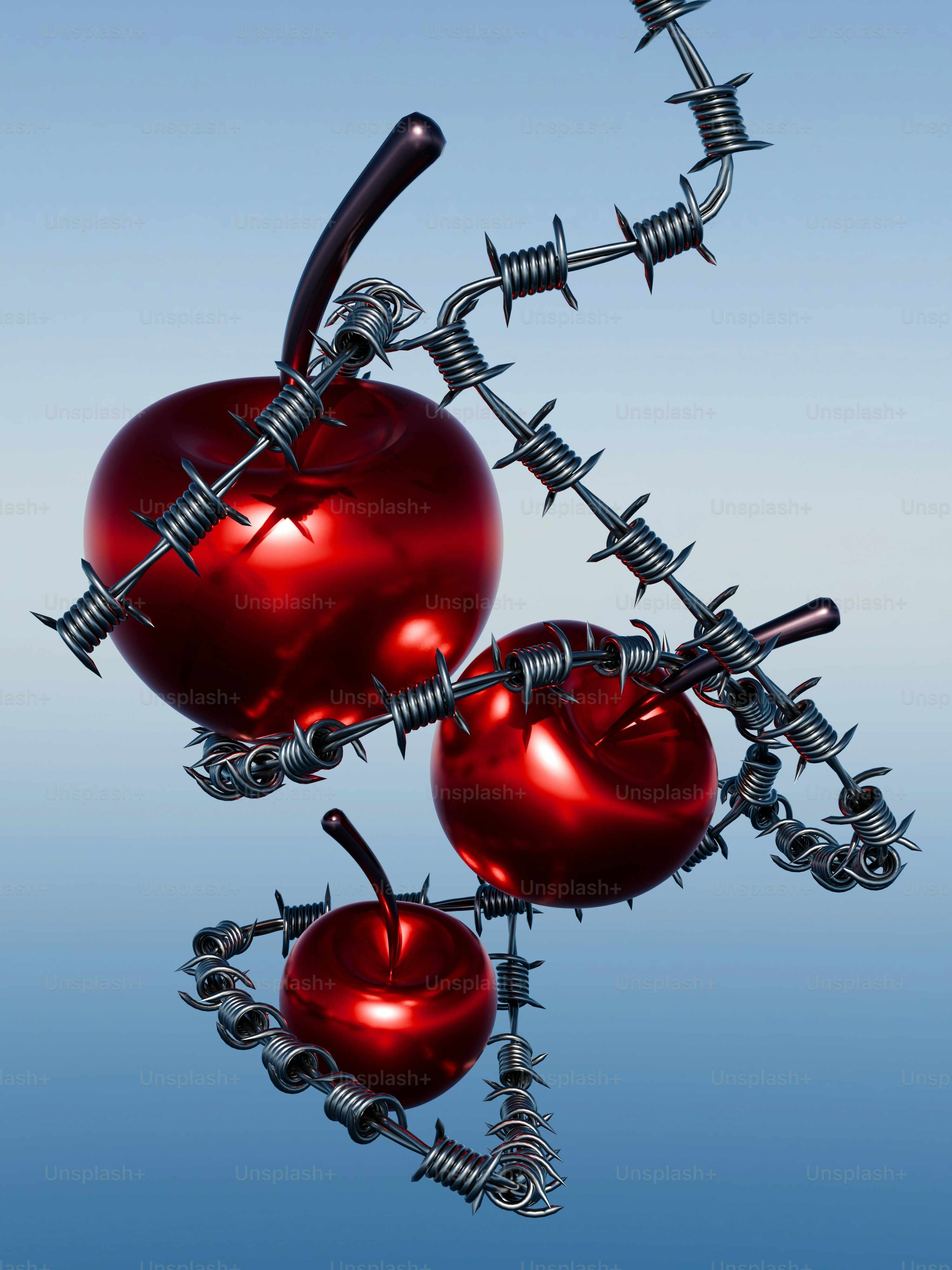 A red apple with a bunch of barbed wire attached to it photo – Cherry ...