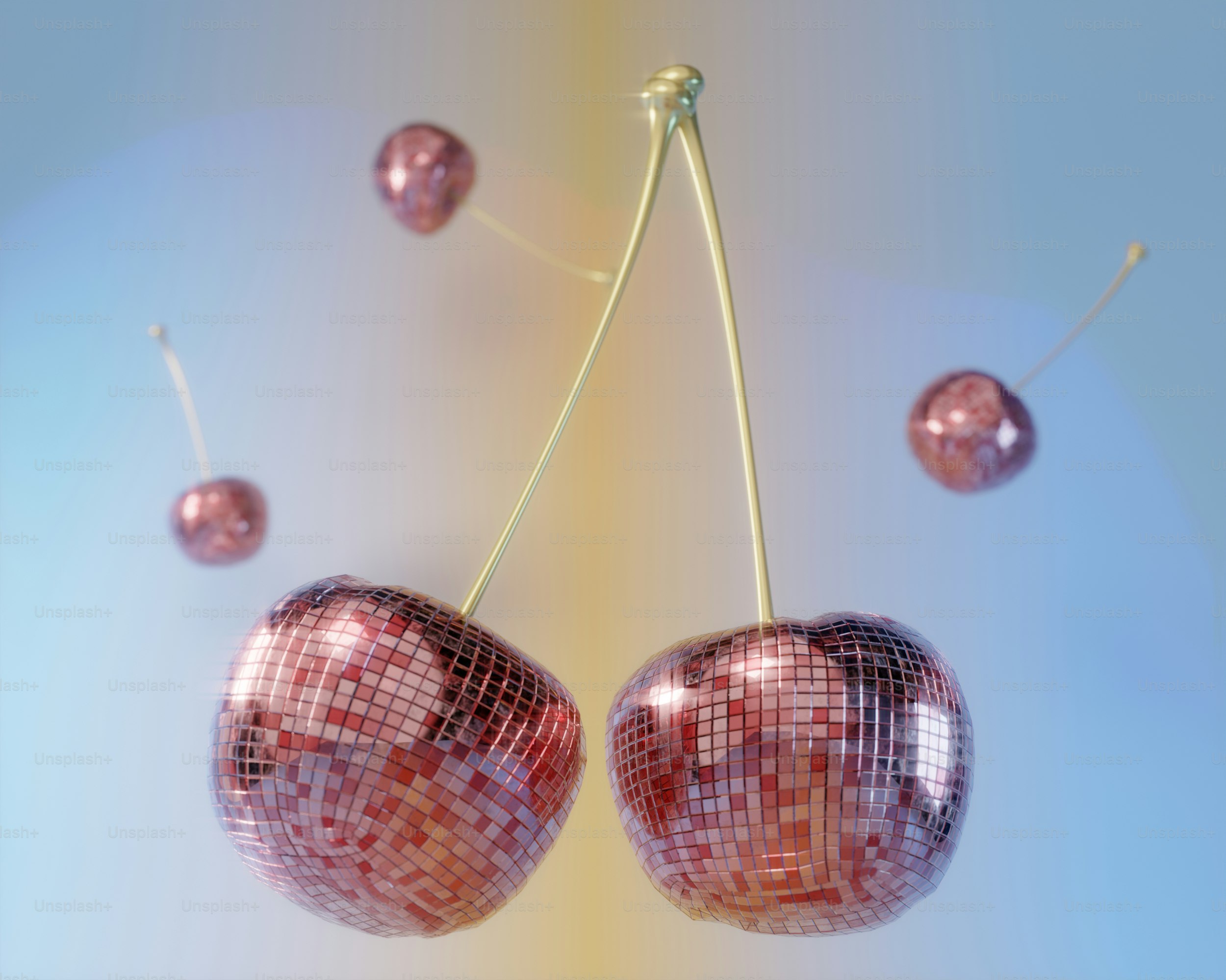 A pair of shiny cherries hanging from a hook photo – Metallic cherries ...