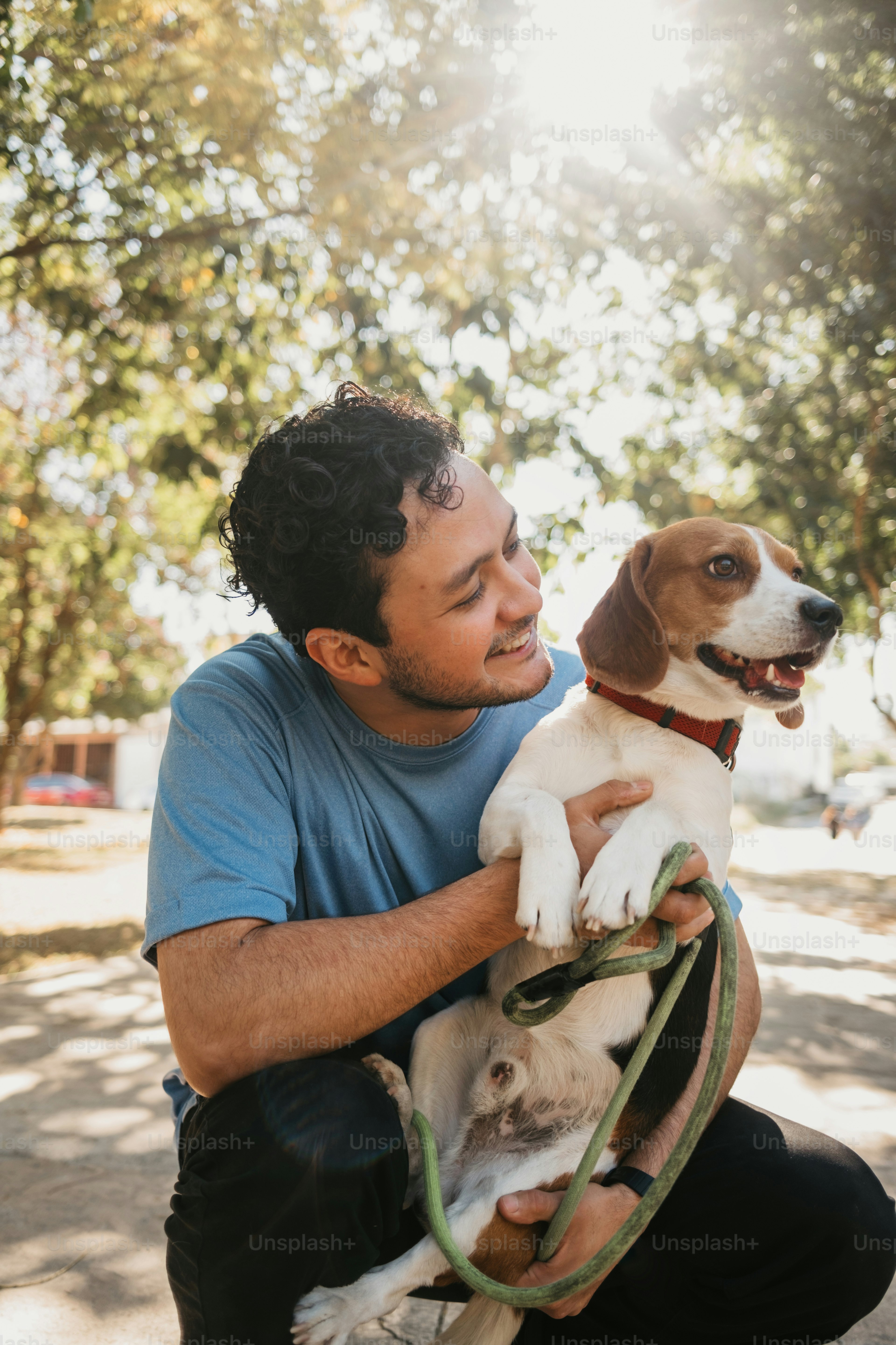 Un hombre sostiene a dos perros pequeños con una correa foto – Imagen ...