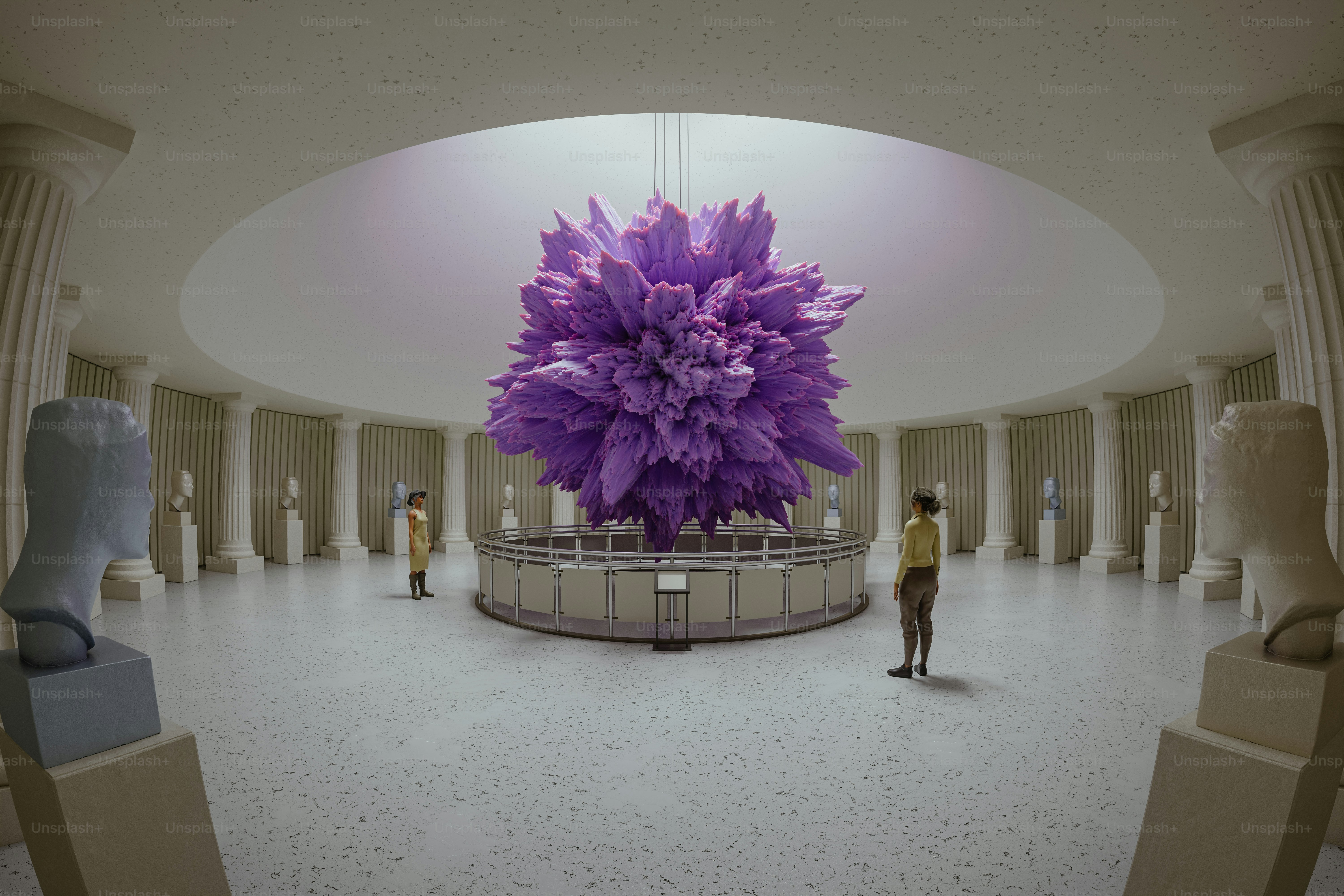 Eine Person, die in einem Raum mit einer großen lila Blume steht Foto ...