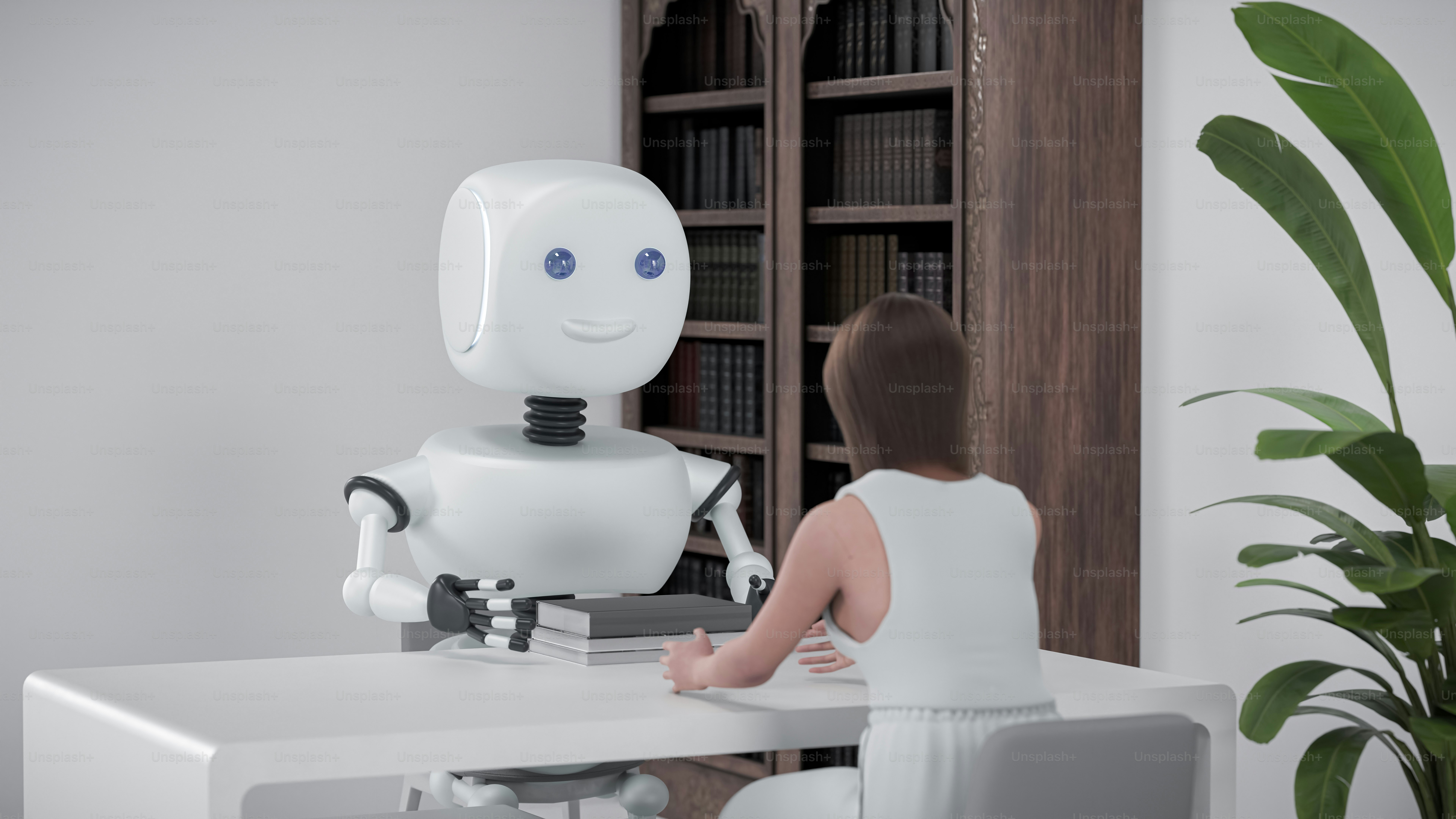 Una mujer sentada en un escritorio con un robot encima foto – Imagen de Robot en Unsplash