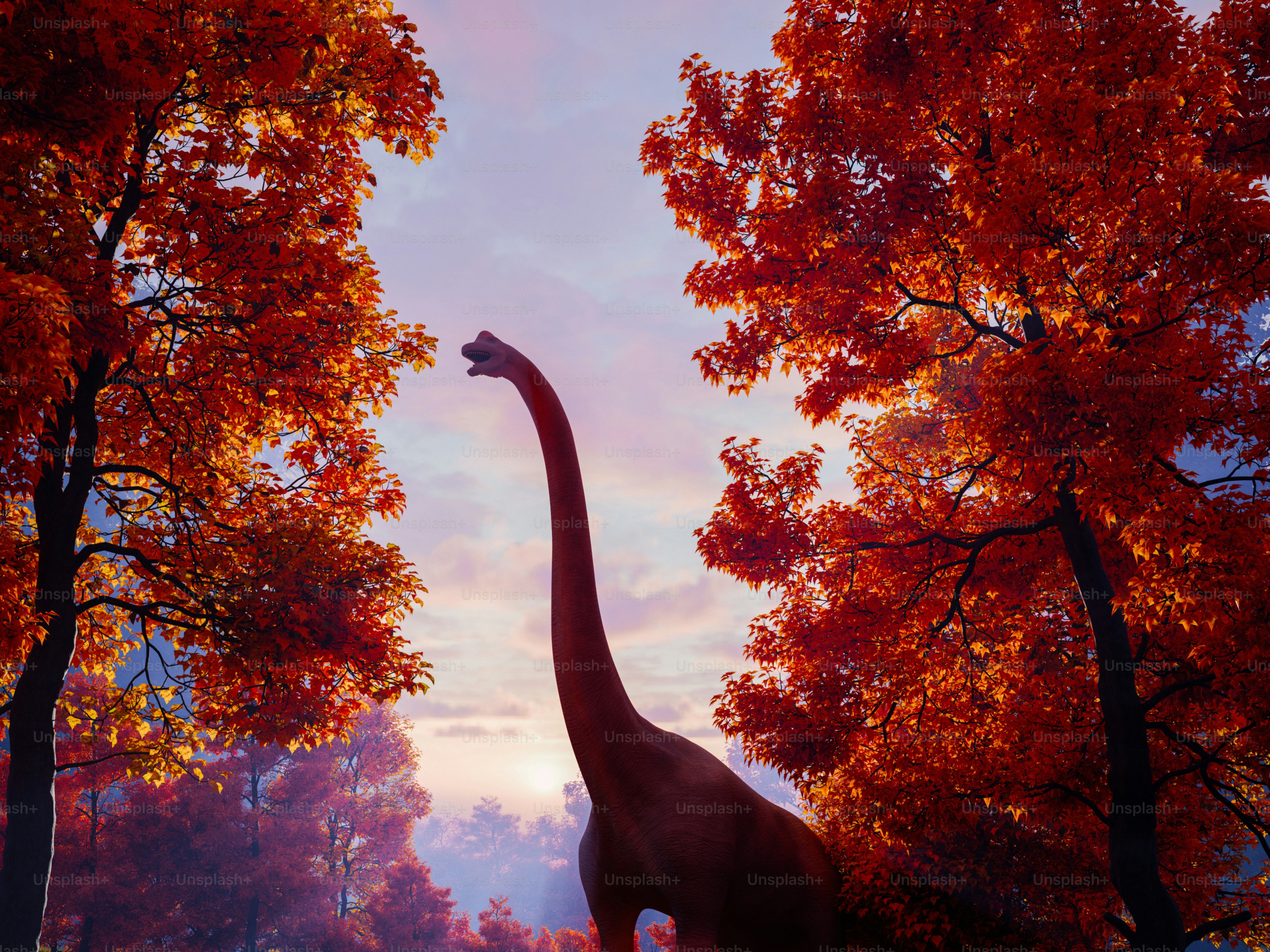 A brontosaurus grazes beneath fiery autumn trees. photo – 3d render ...