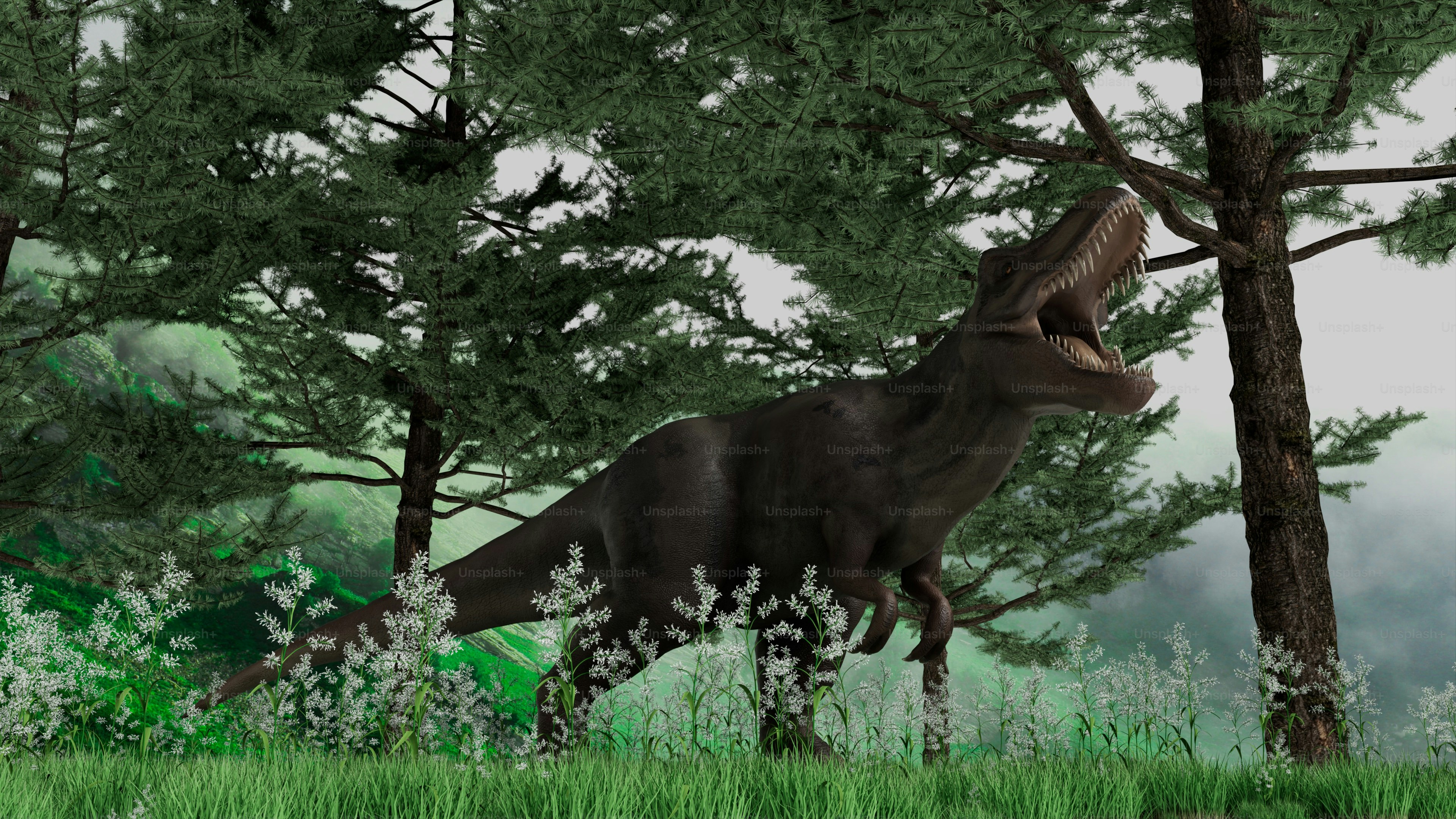 Two brachiosaurus dinosaurs roam among palm trees. photo – 3d render ...