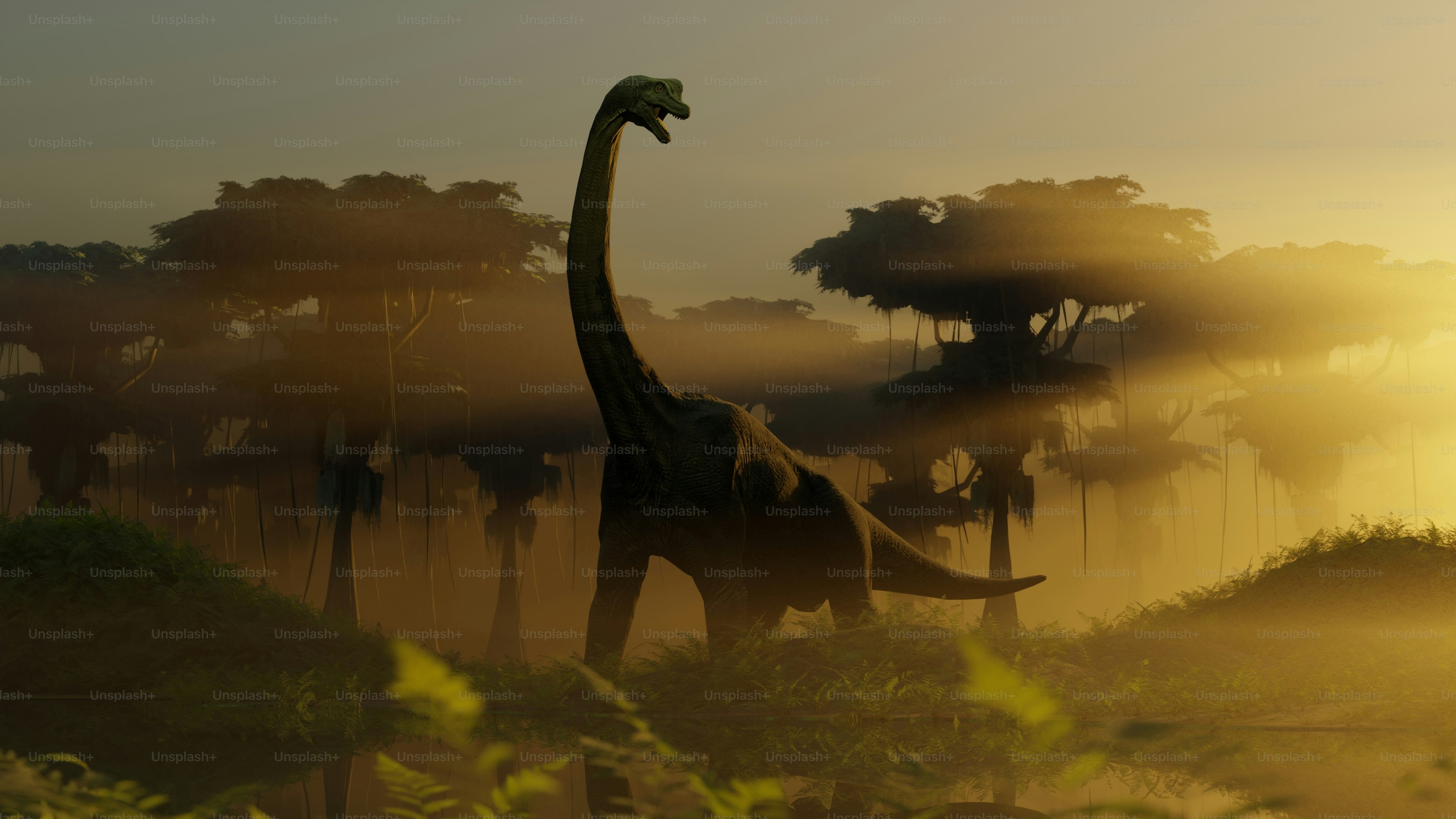 Un brachiosaure se dresse dans un paysage brumeux et doré. photo – Image de Rendu 3D sur Unsplash