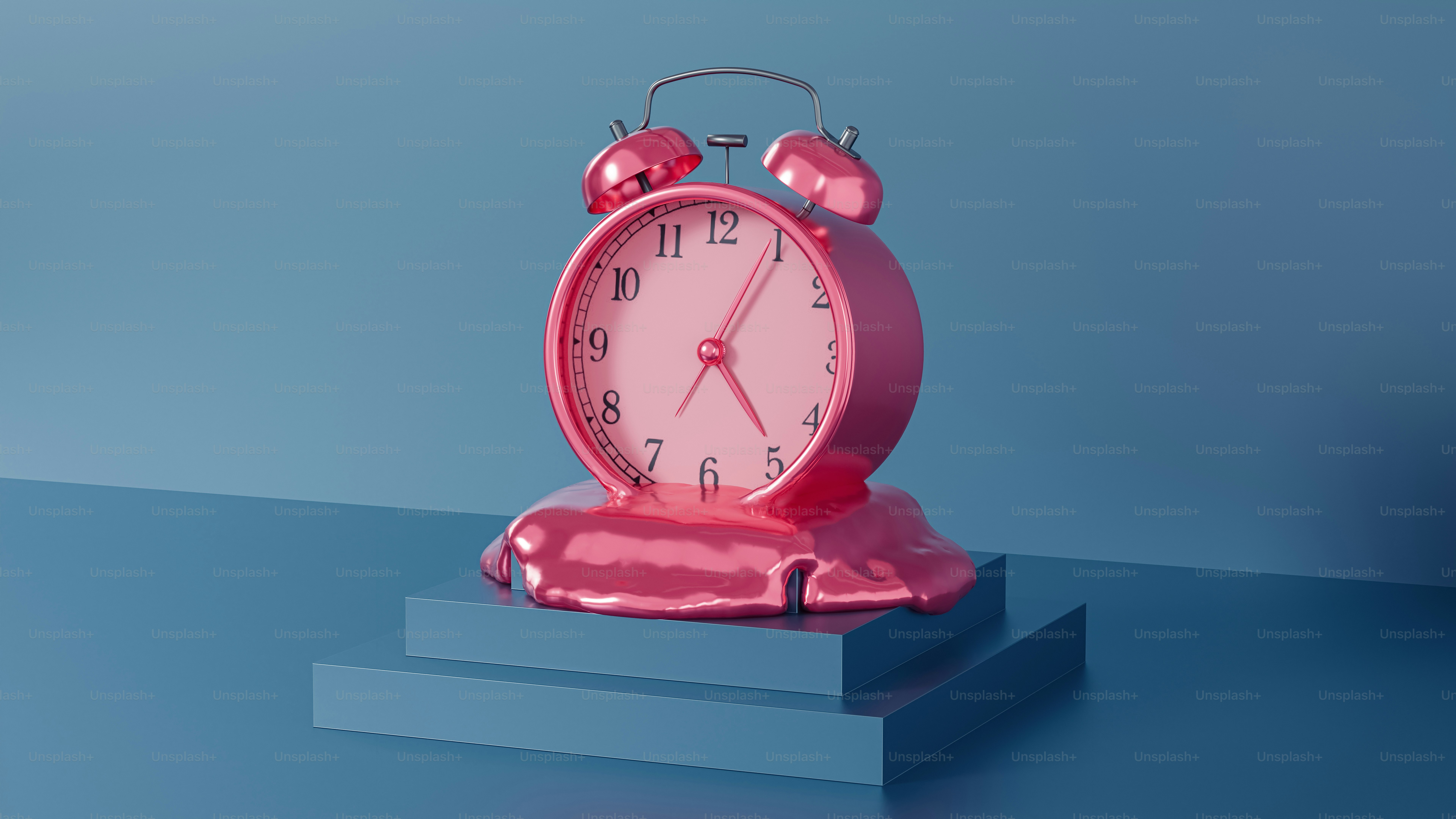 A melting pink alarm clock on a blue stage. photo – 3d render Image on ...