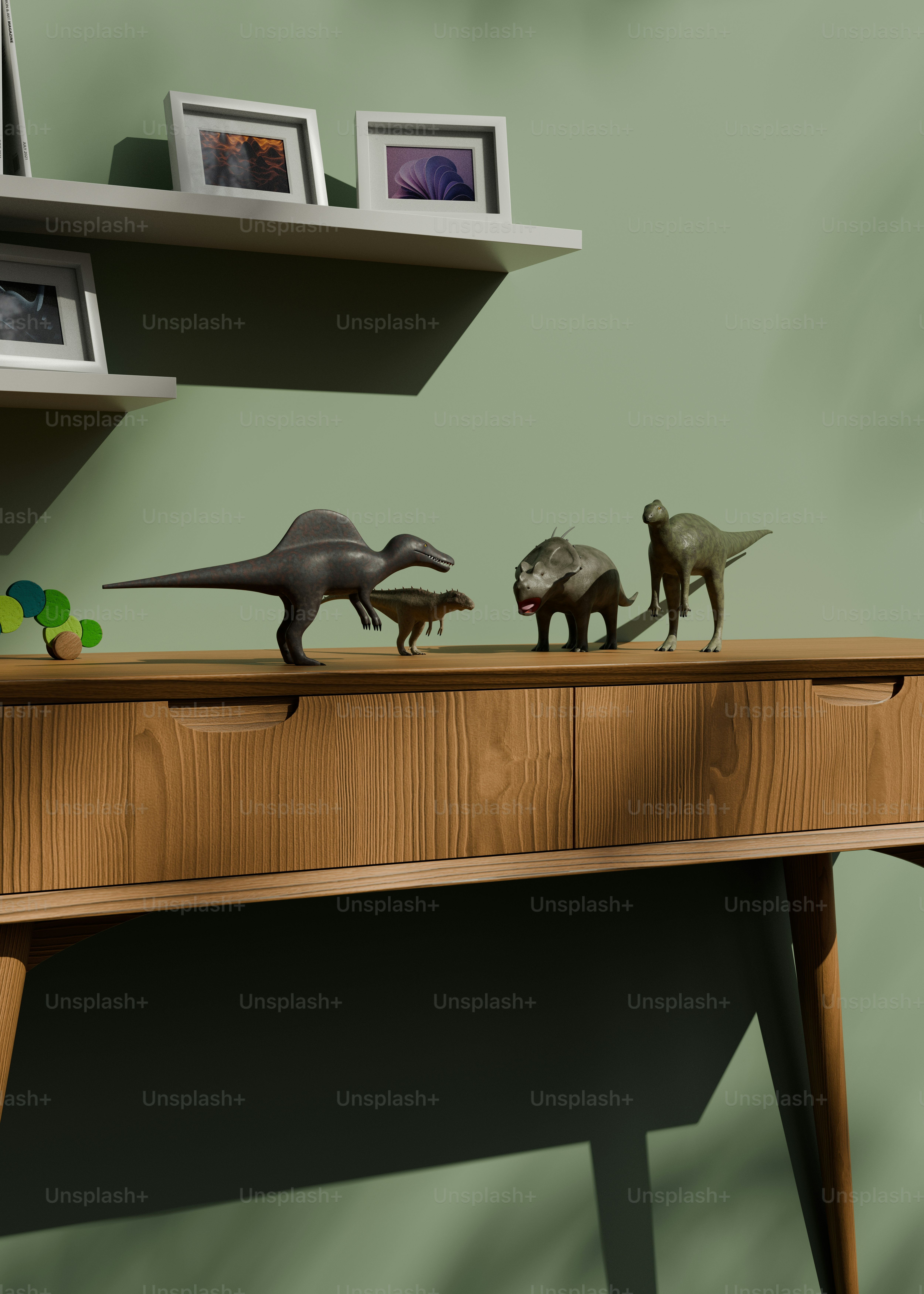 Dinosaurs stand atop a wooden desk. photo – 3d render Image on Unsplash