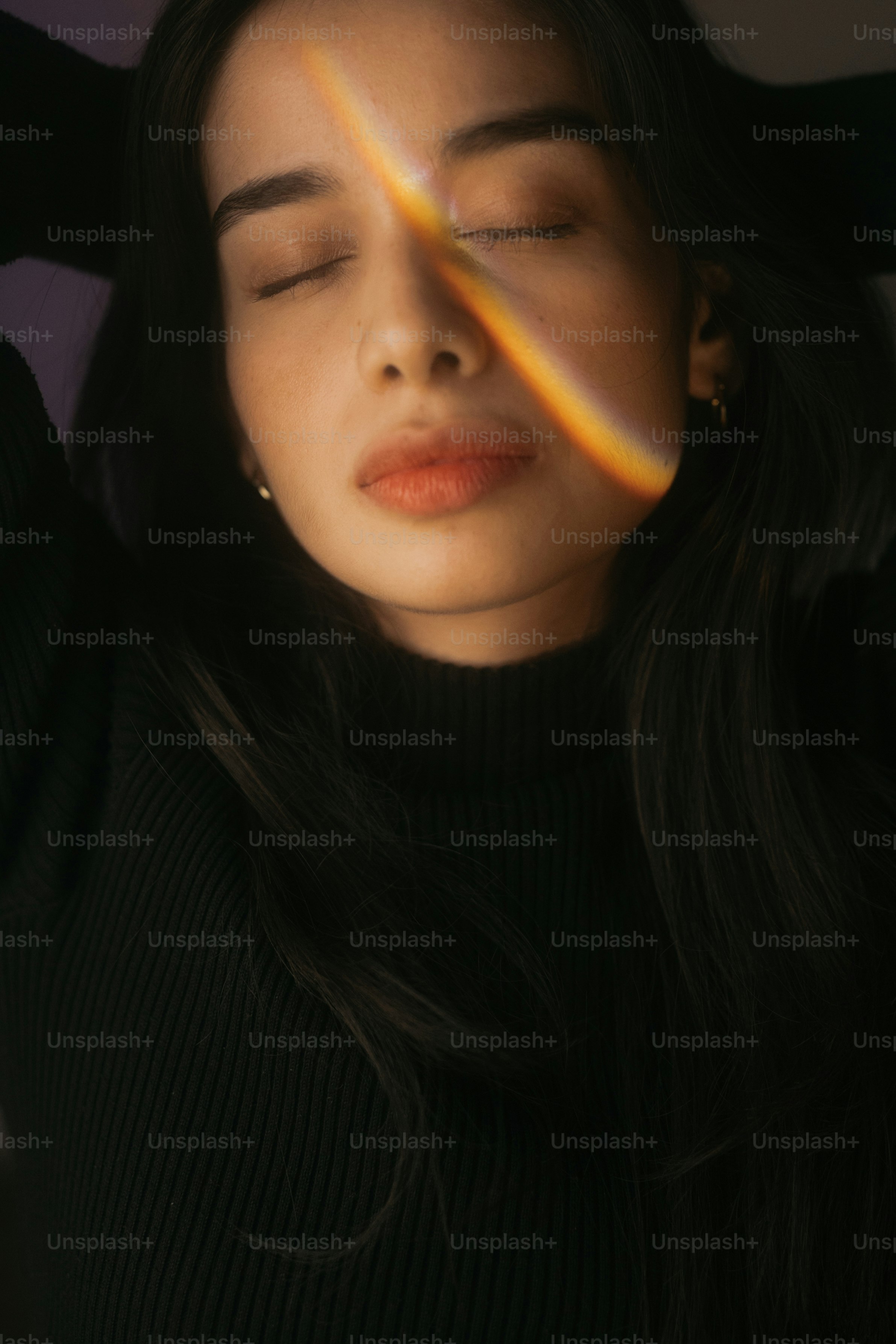 Woman with light refraction, eyes closed. photo – Portrait Image on ...
