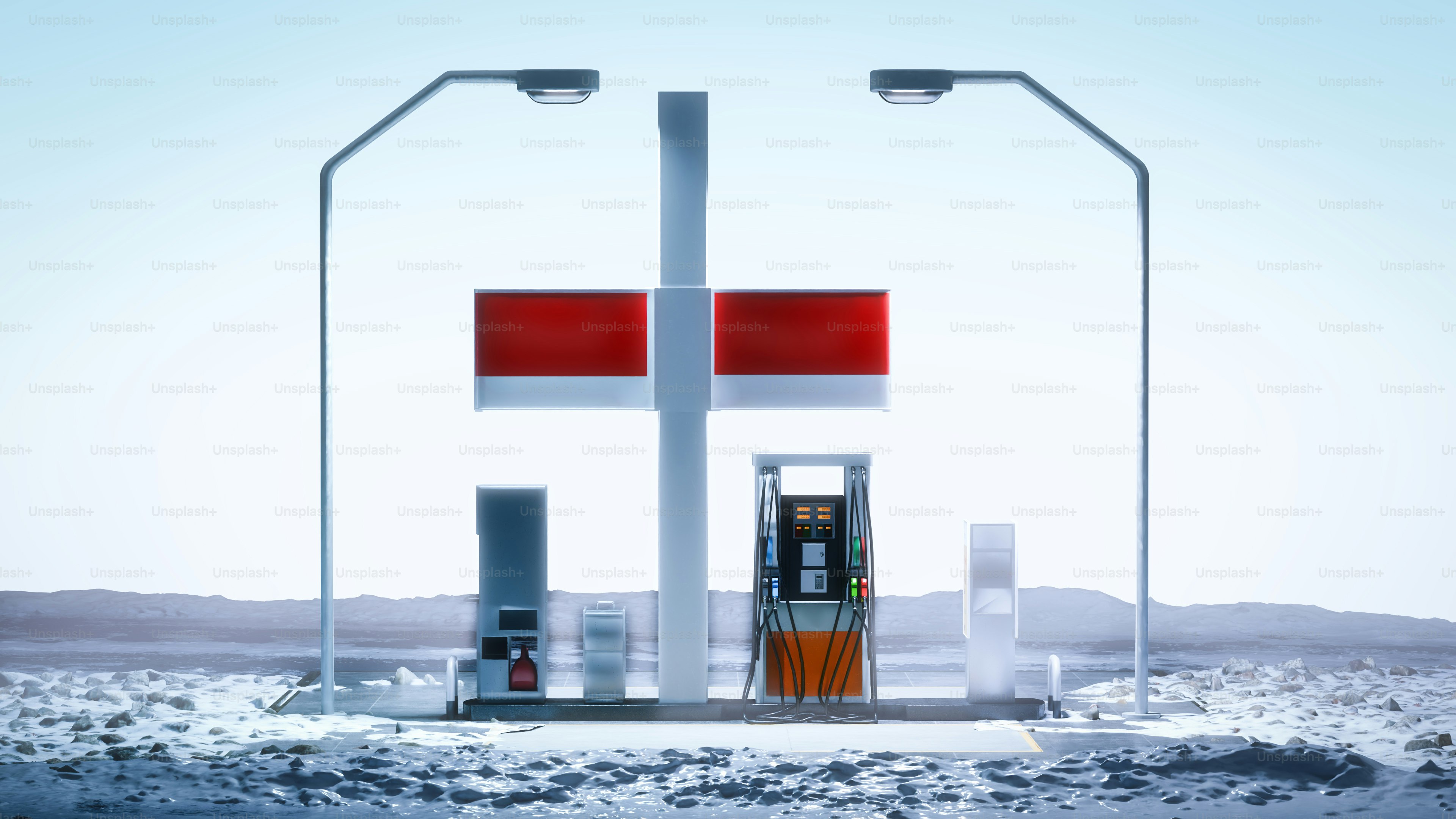 A gas station stands in a barren landscape. photo – 3d render Image on ...