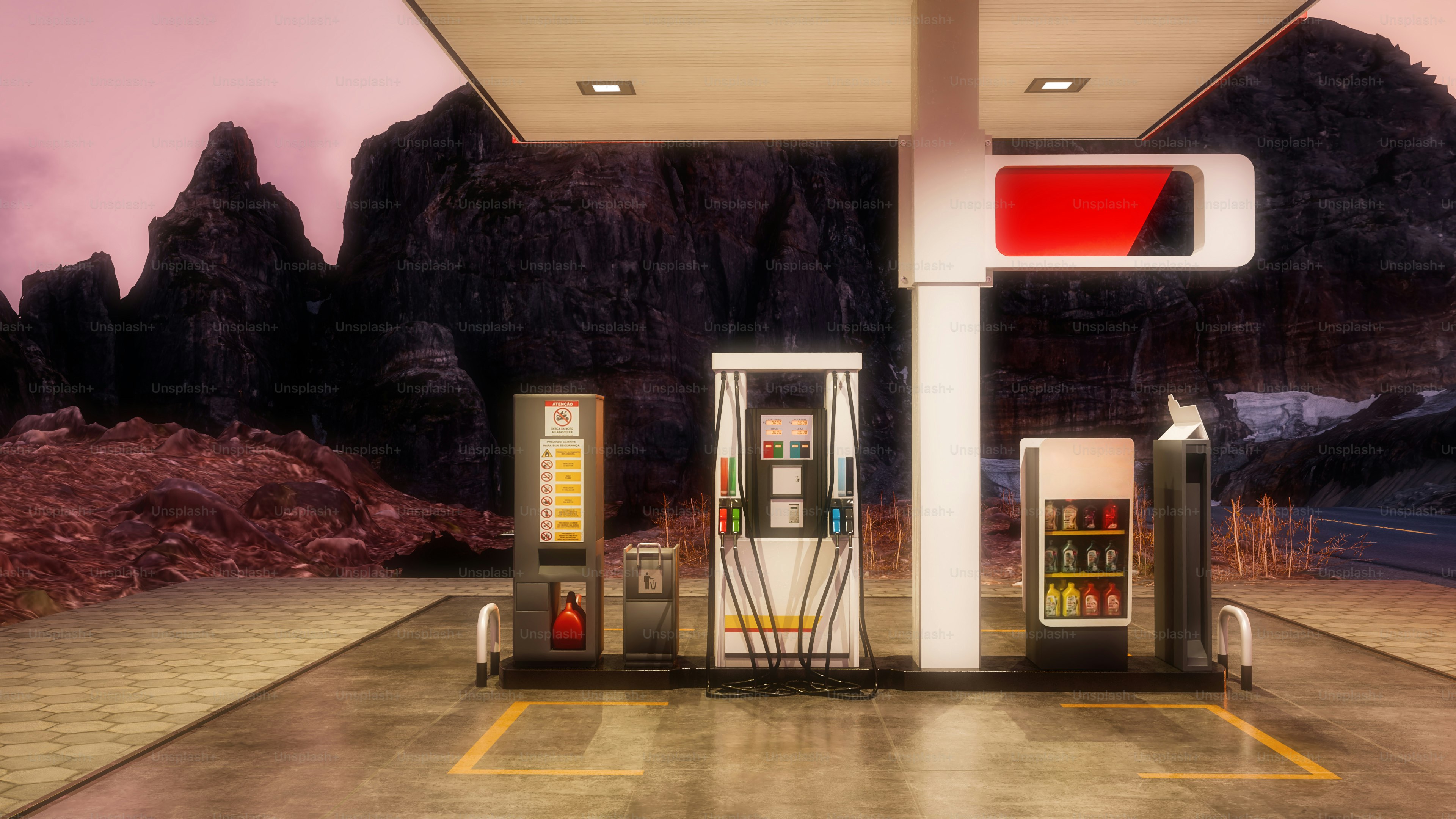 A gas station stands in a barren landscape. photo – 3d render Image on ...