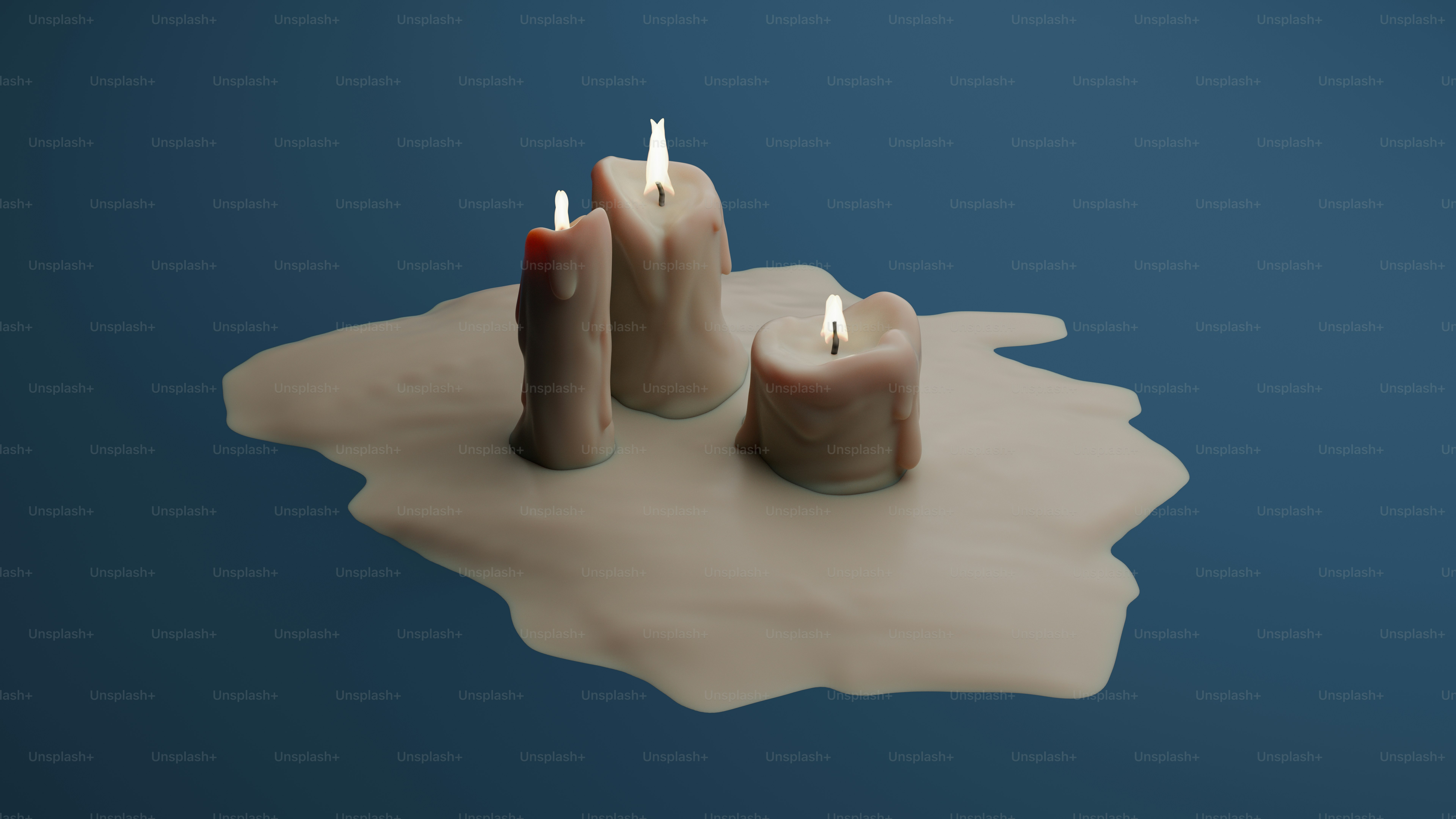 Three lit candles sit in a melted wax puddle. photo – 3d render Image ...